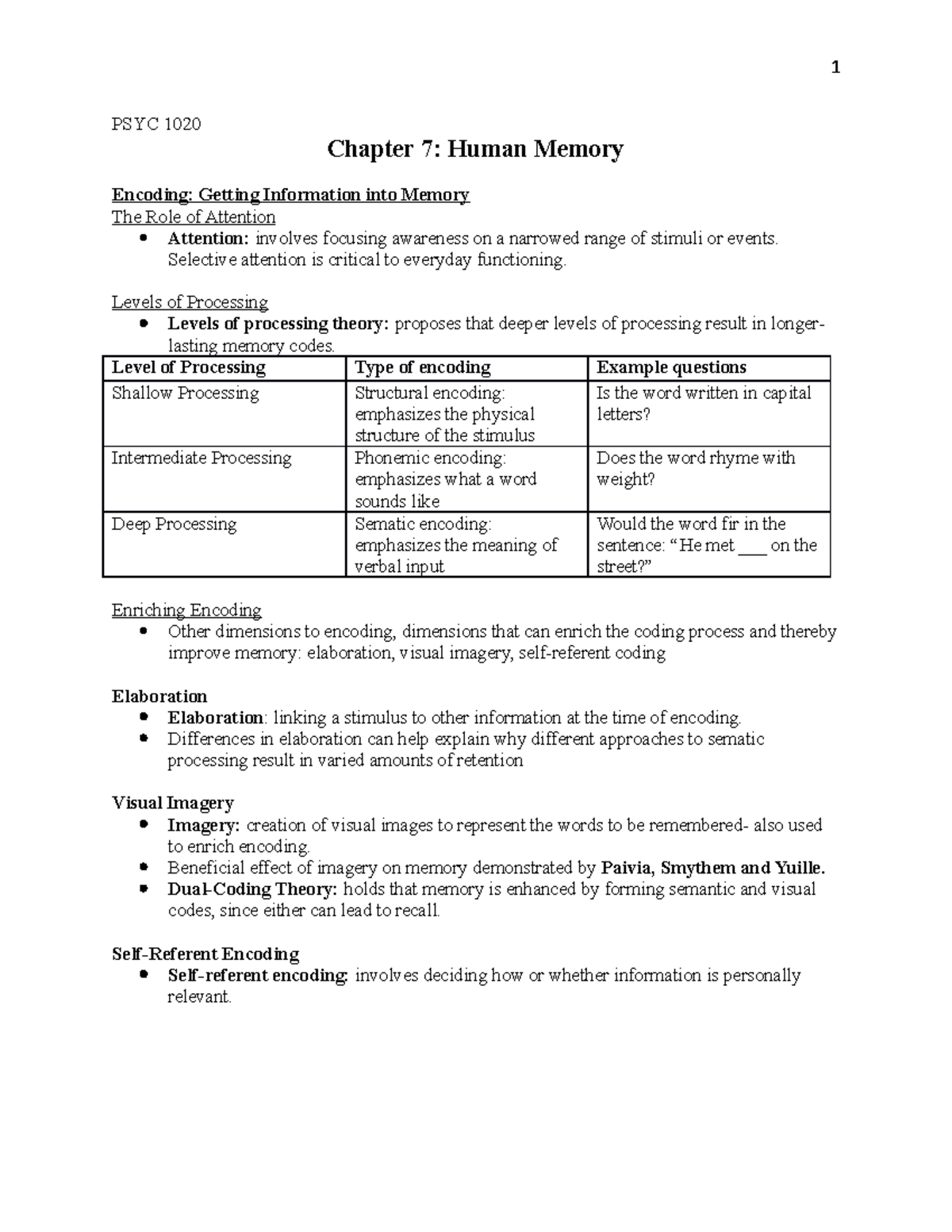 Chapter 7 notes - Readings for lecture - 1 PSYC 1020 Chapter 7: Human ...