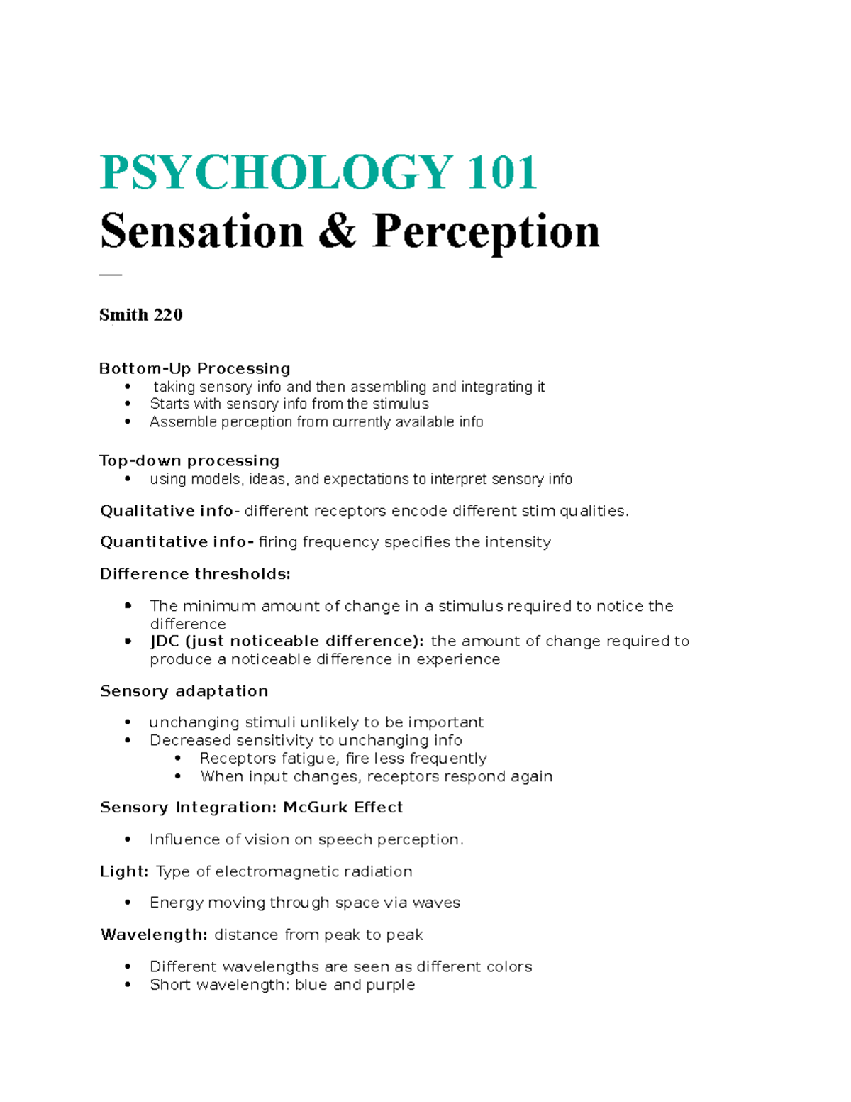 Psychology- Perception - PSYCHOLOGY 101 Sensation & Perception ...