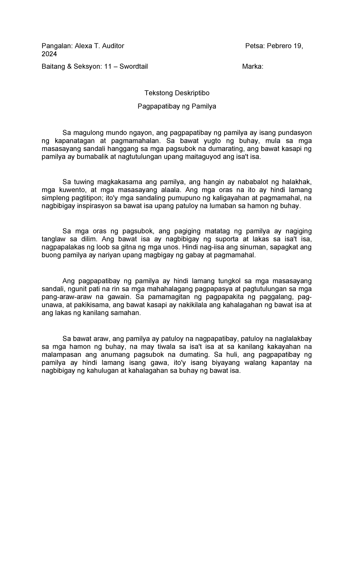 Sanaysay - Okhjjshsbdb - Pangalan: Alexa T. Auditor Petsa: Pebrero 19 ...