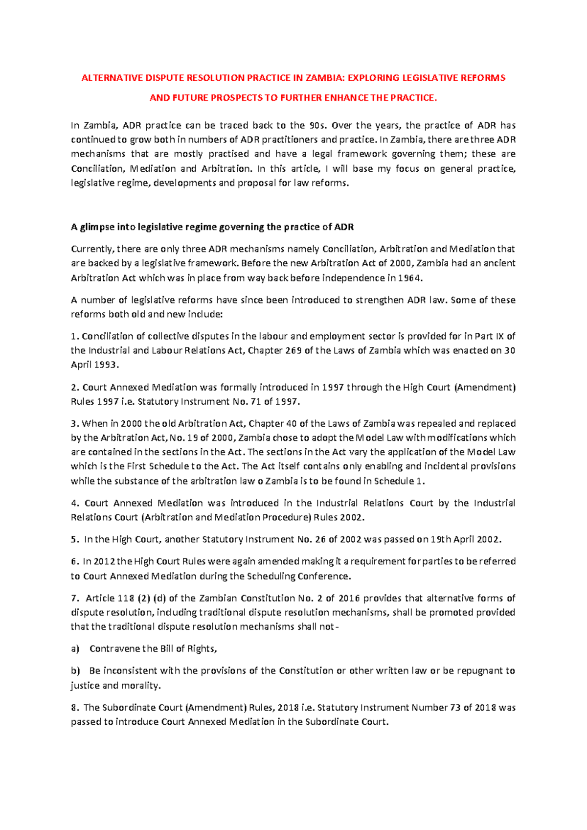 Alternative Dispute Resolution practice in Zambia by Mary Mutupa ...