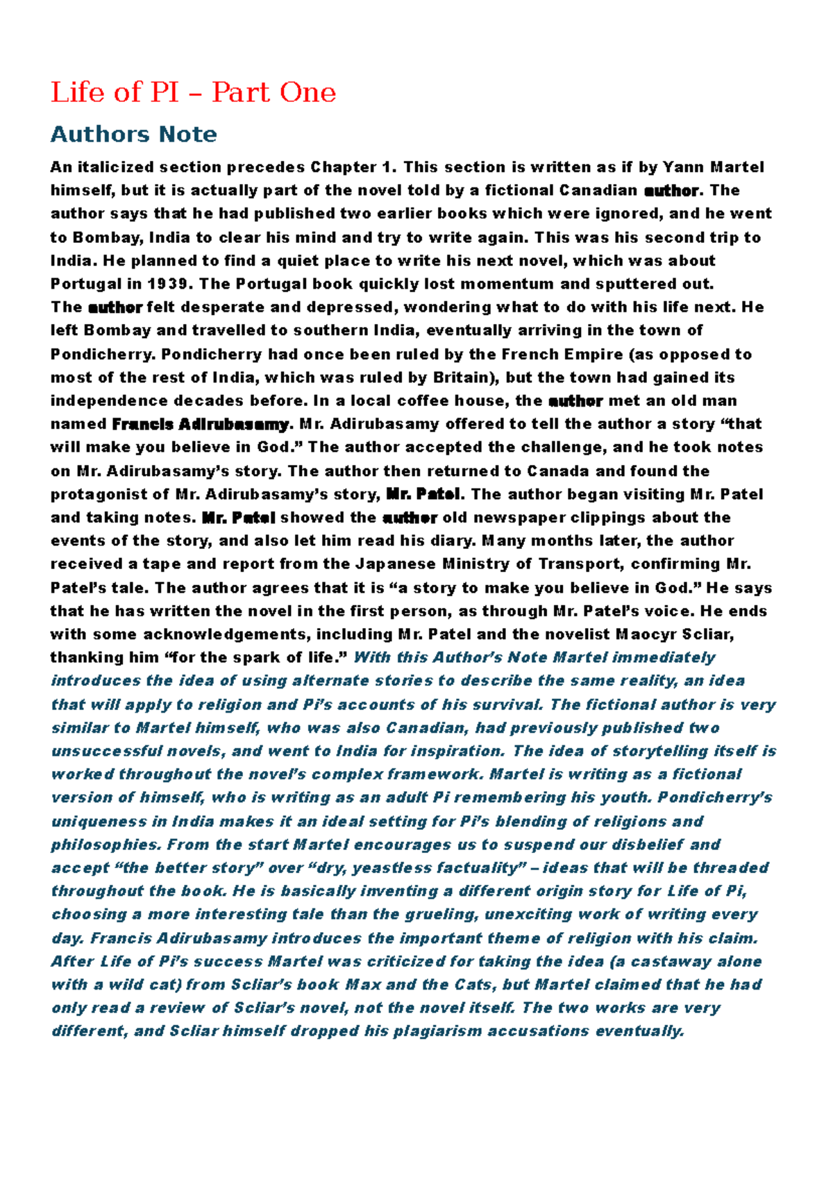 Life of Pi - Chapter summaries for Part one of Life of Pi. - Life of PI ...