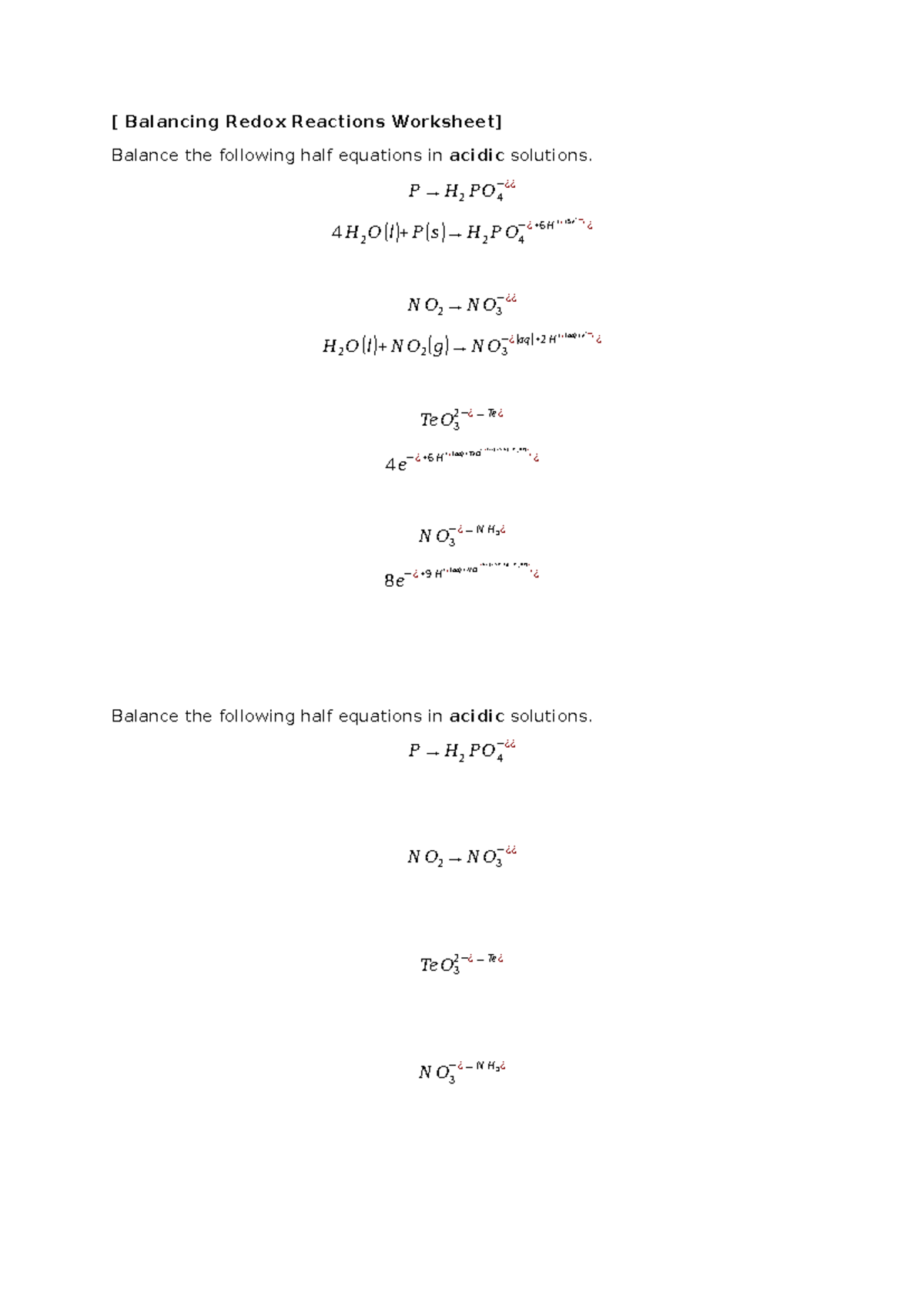 Balancing Redox Reactions Worksheet - [ Balancing Redox Reactions ...