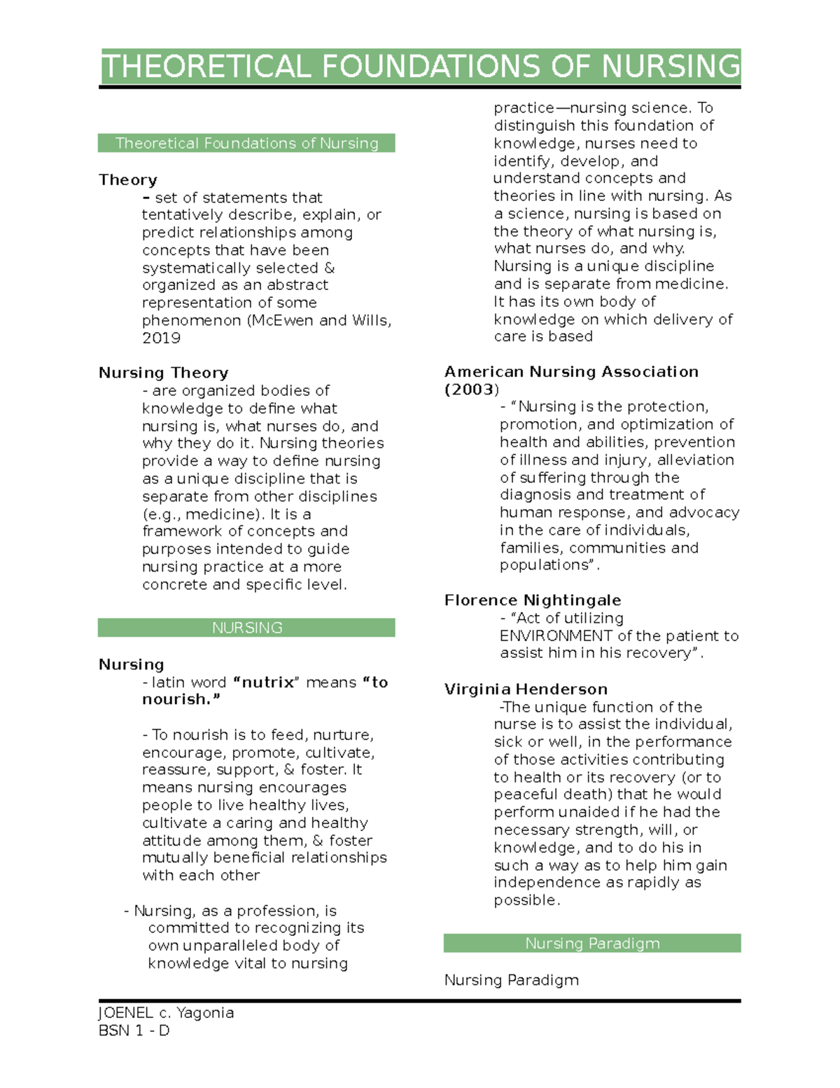 TFN - Reviewer - THEORETICAL FOUNDATIONS OF NURSING Theoretical ...