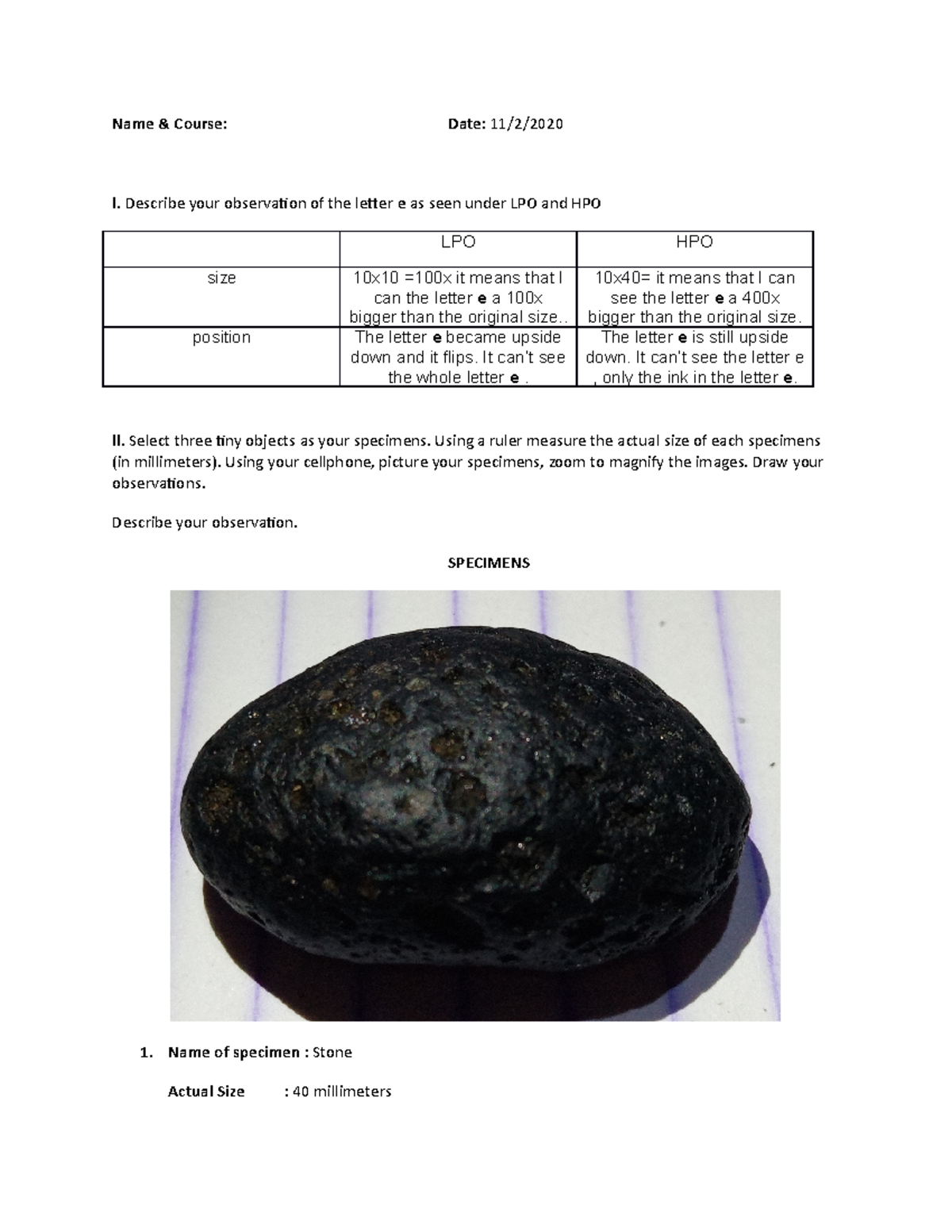 ZOO LAB - About microscope LPO and others - Name & Course: Date: 11/2 ...