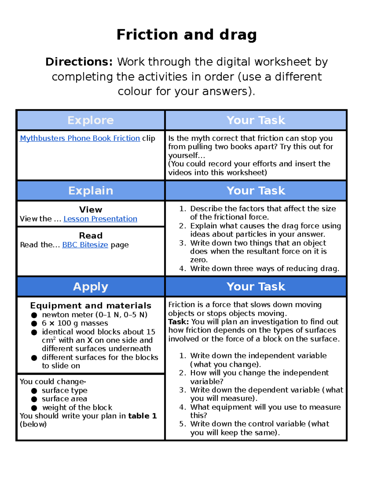 FISICAYQUIMICAPRACTICA - Friction and drag Directions: Work through the ...