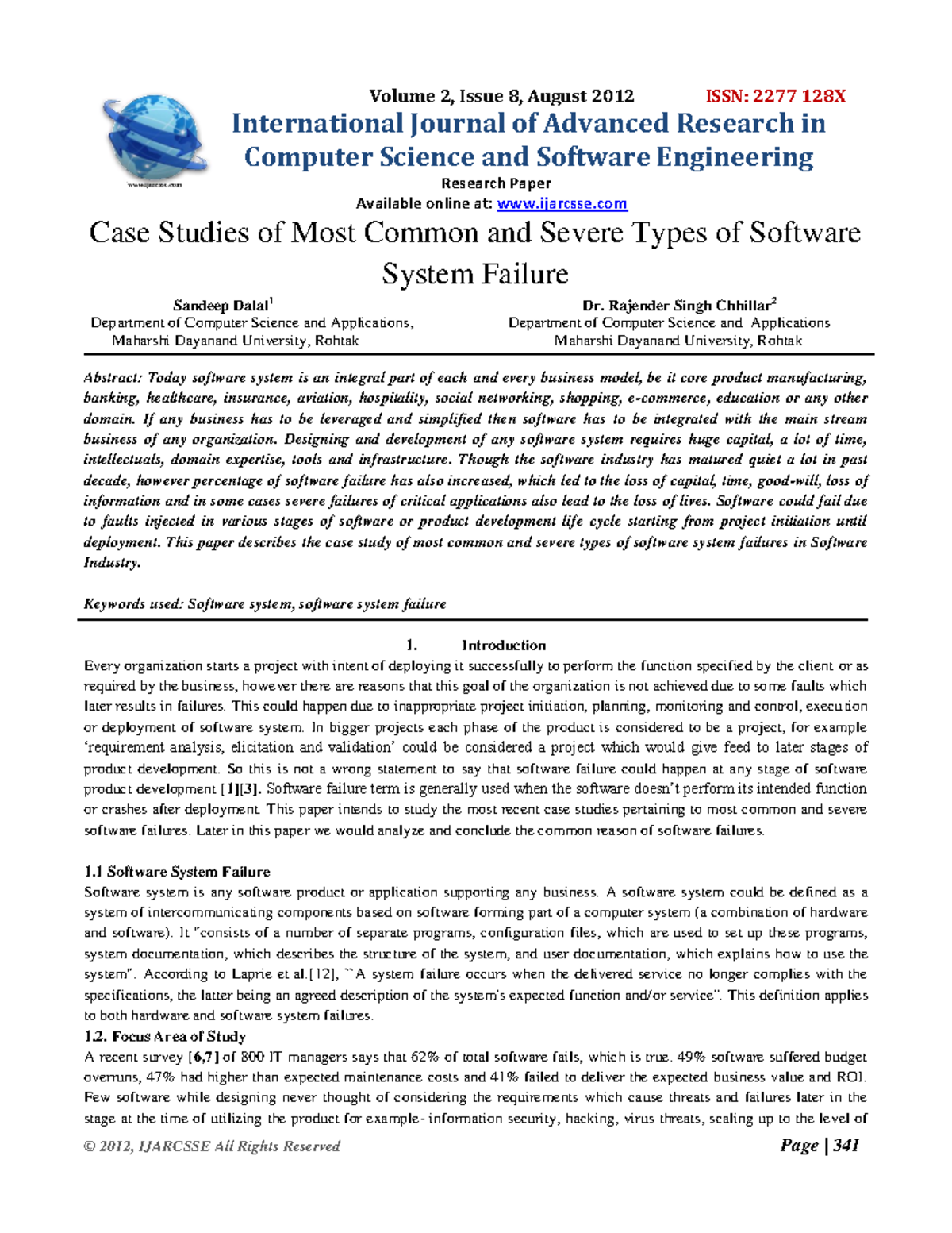 System failure - Articles - Volume 2, Issue 8, August 2012 ISSN: 2277 ...