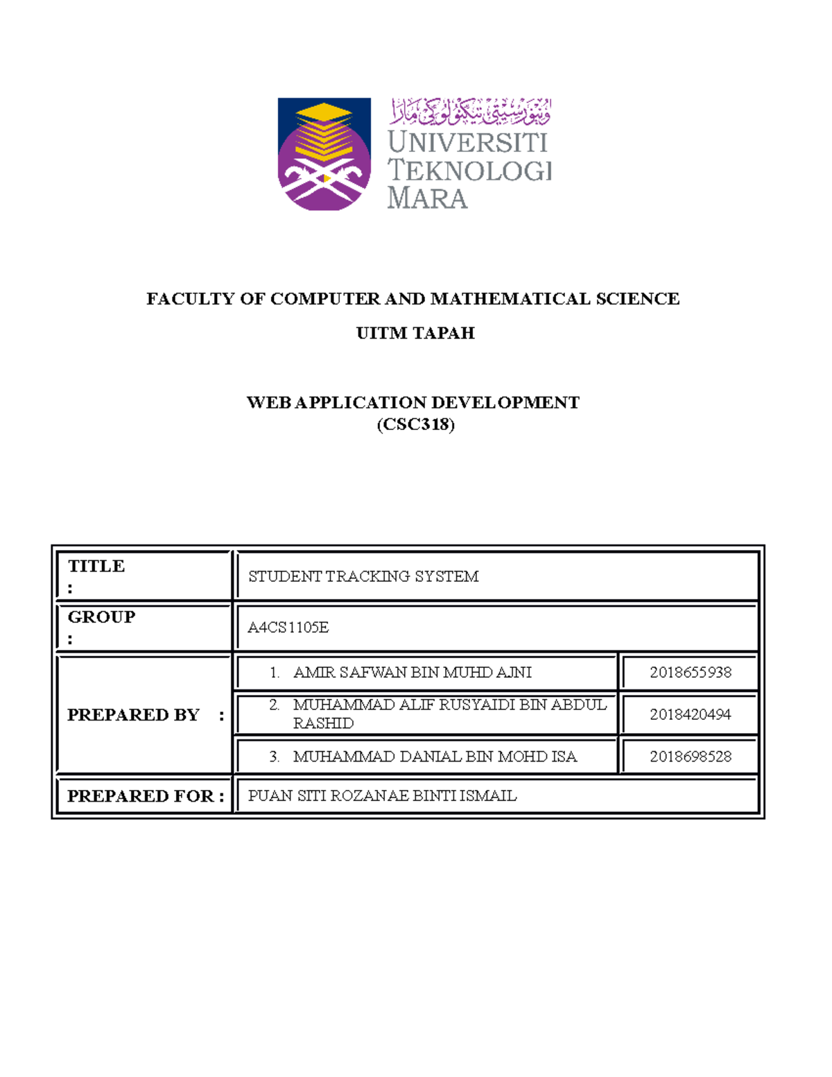 Final Report - FACULTY OF COMPUTER AND MATHEMATICAL SCIENCE UITM TAPAH ...