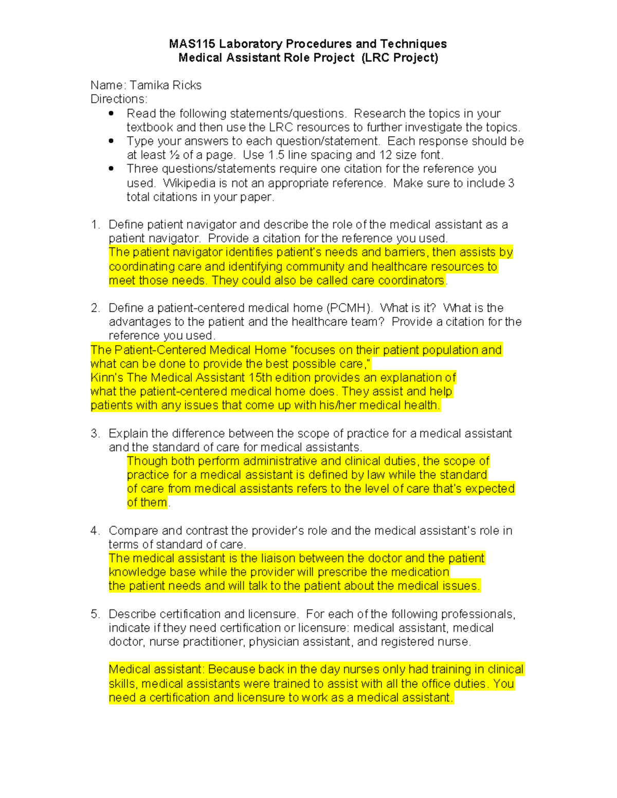 MAS115 Week 1 MA Role - Completed - MAS115 Laboratory Procedures and ...