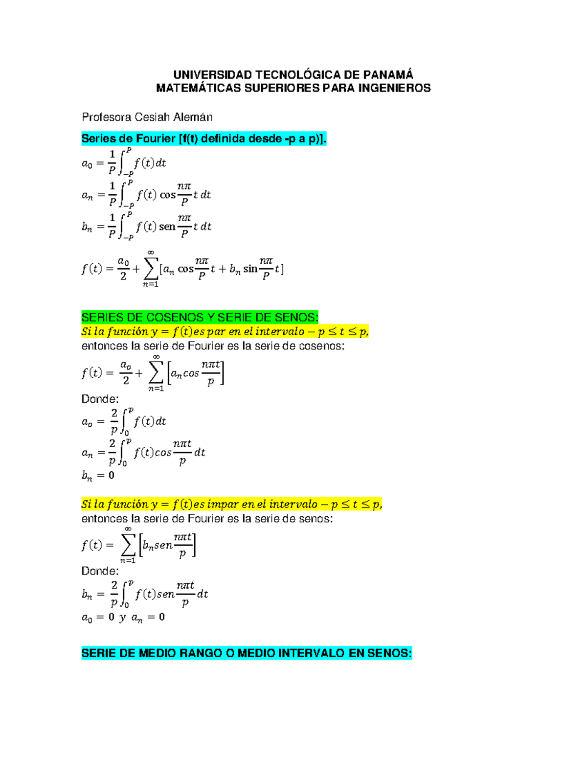 Fórmulas de series de Fourier - UNIVERSIDAD TECNOLÓGICA DE PANAMÁ ...