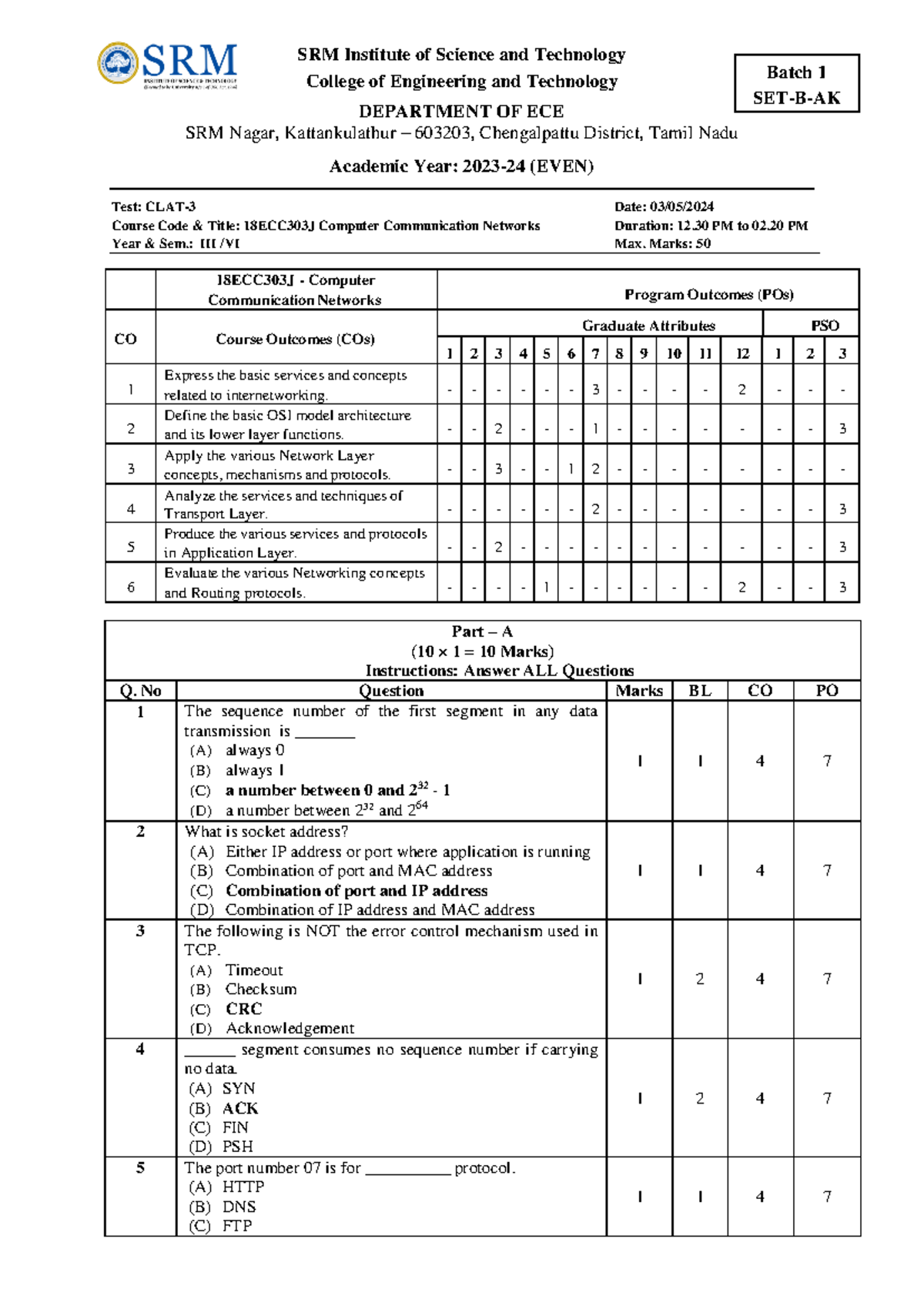 CCN CT3 2023-2024 set B batch 1 - SRM Institute of Science and ...
