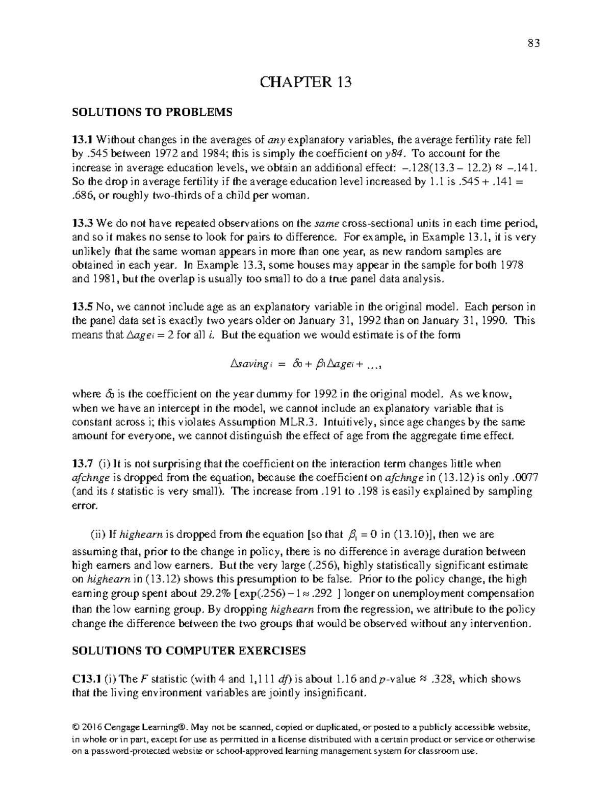 Wooldridge 6e Ch13 SSM - © 2016 Cengage Learning®. May not be scanned, copied or duplicated, or ...