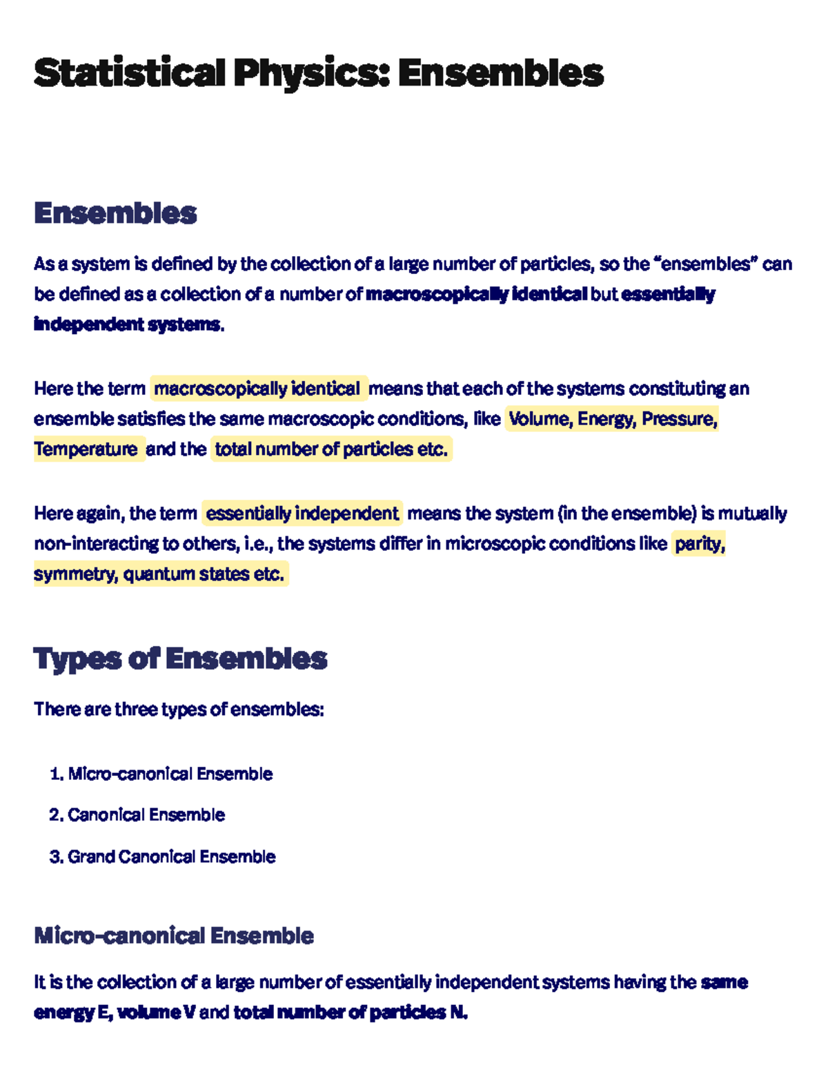 Ensembles - Short hand notes - Statistical Physics: Ensembles Ensembles ...
