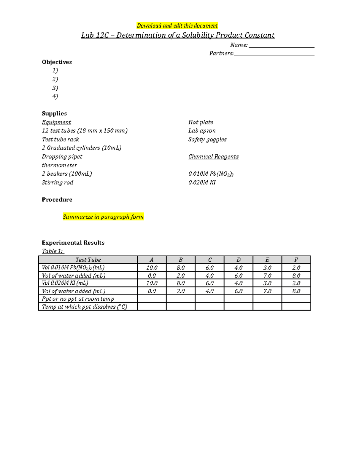 Lab 12C -Template Determination of a Solubility Product Constant ...