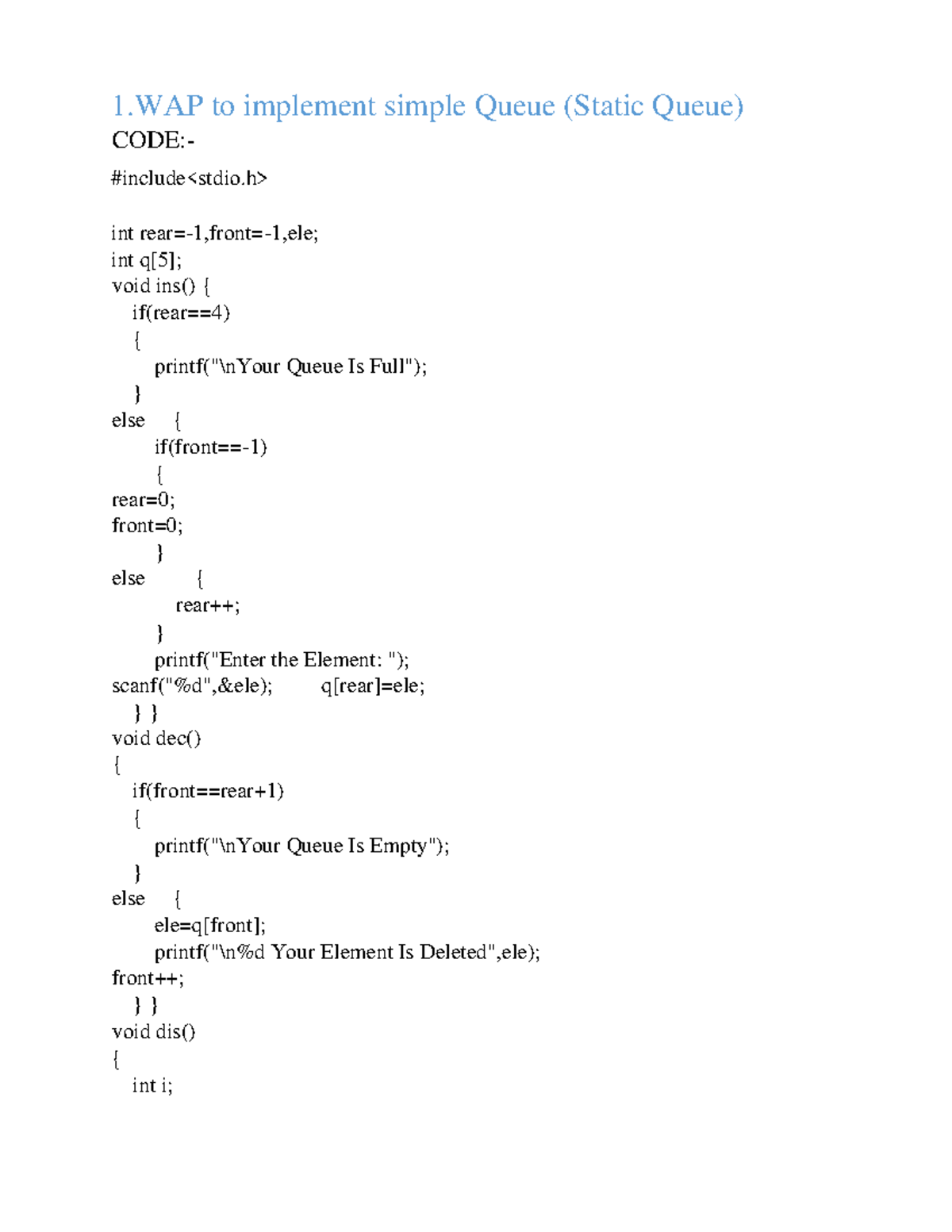 Data Stucture And Other Conceptes 1 To Implement Simple Queue Static Queue Code Include