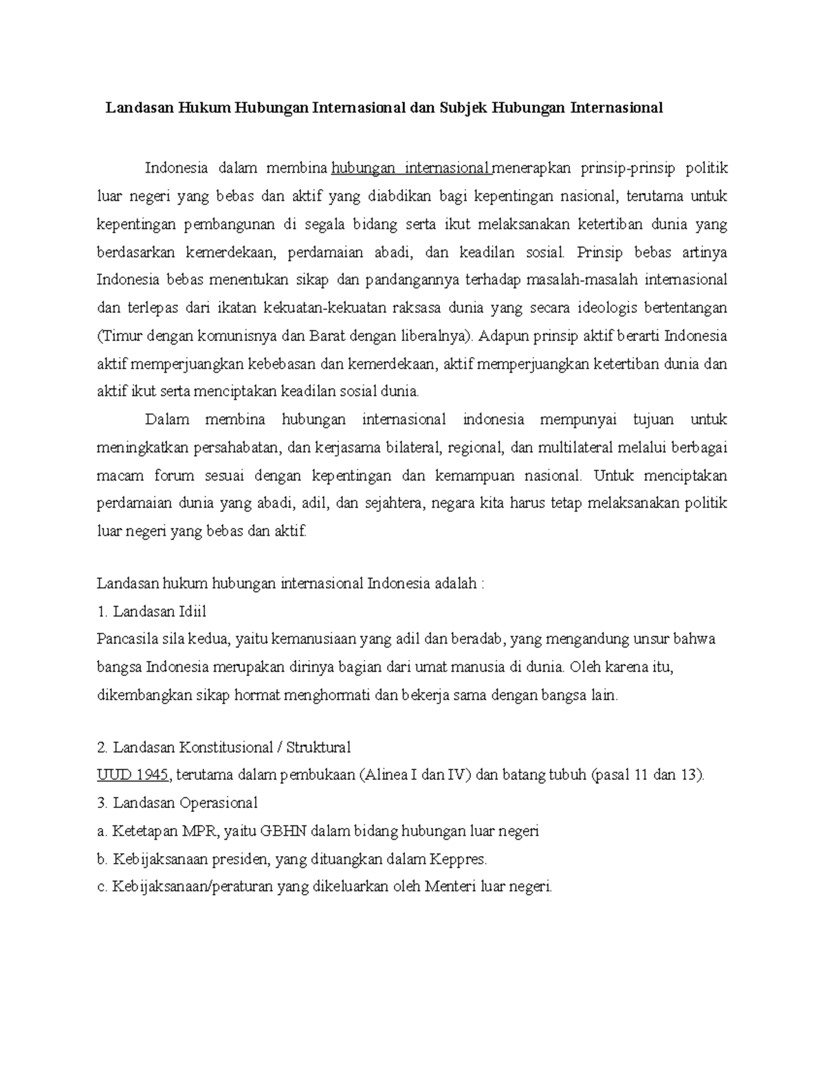 Landasan Hukum Hubungan Internasional dan Subjek Hubungan - Prinsip ...