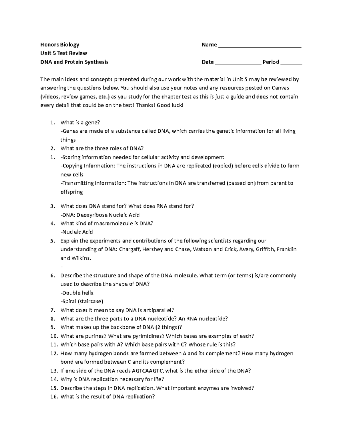 Protein Synthesis Honors Biology Test at Samantha Hanlon blog