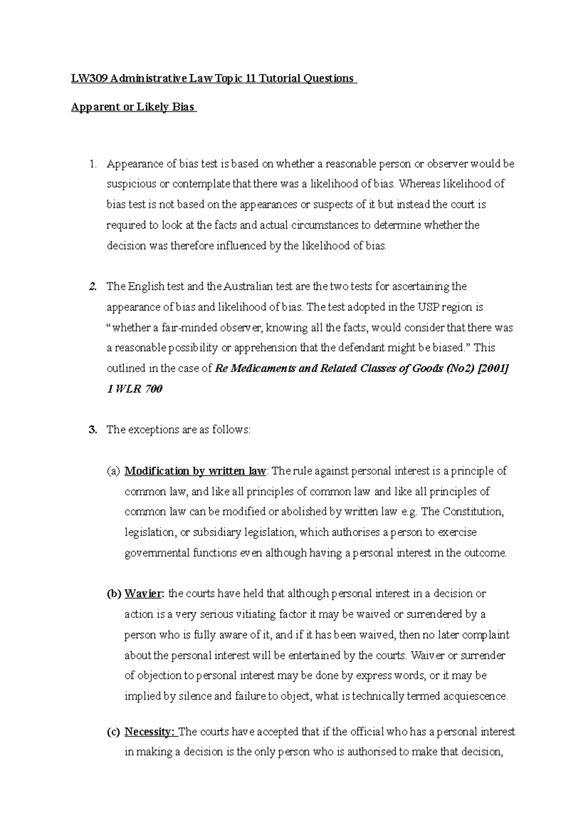 LW309 Administrative Law Topic 11 Tutorial Answers - Appearance of bias ...