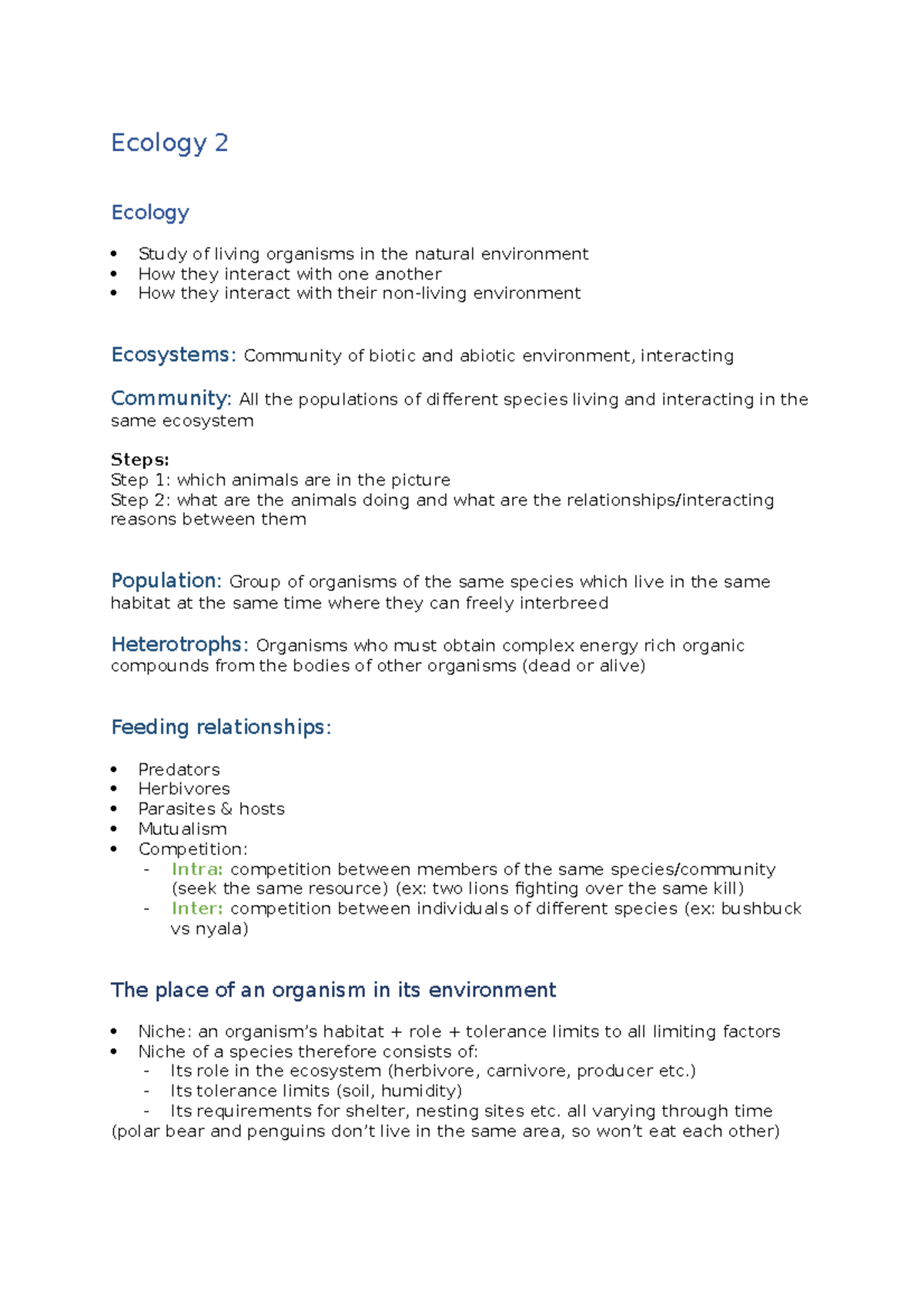 Ecology 2 - summary for the final exam - Ecology 2 Ecology Study of ...