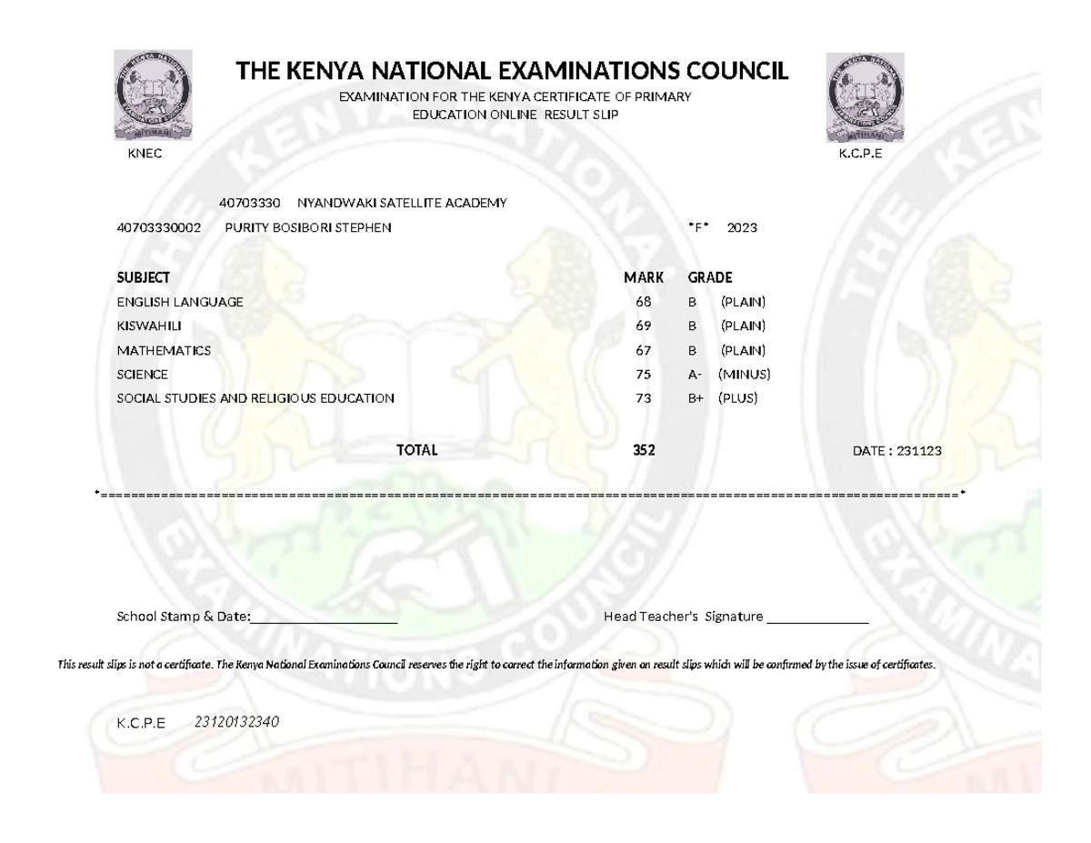 KCPE Online Resultslip Editi - EXAMINATION FOR THE KENYA CERTIFICATE OF ...