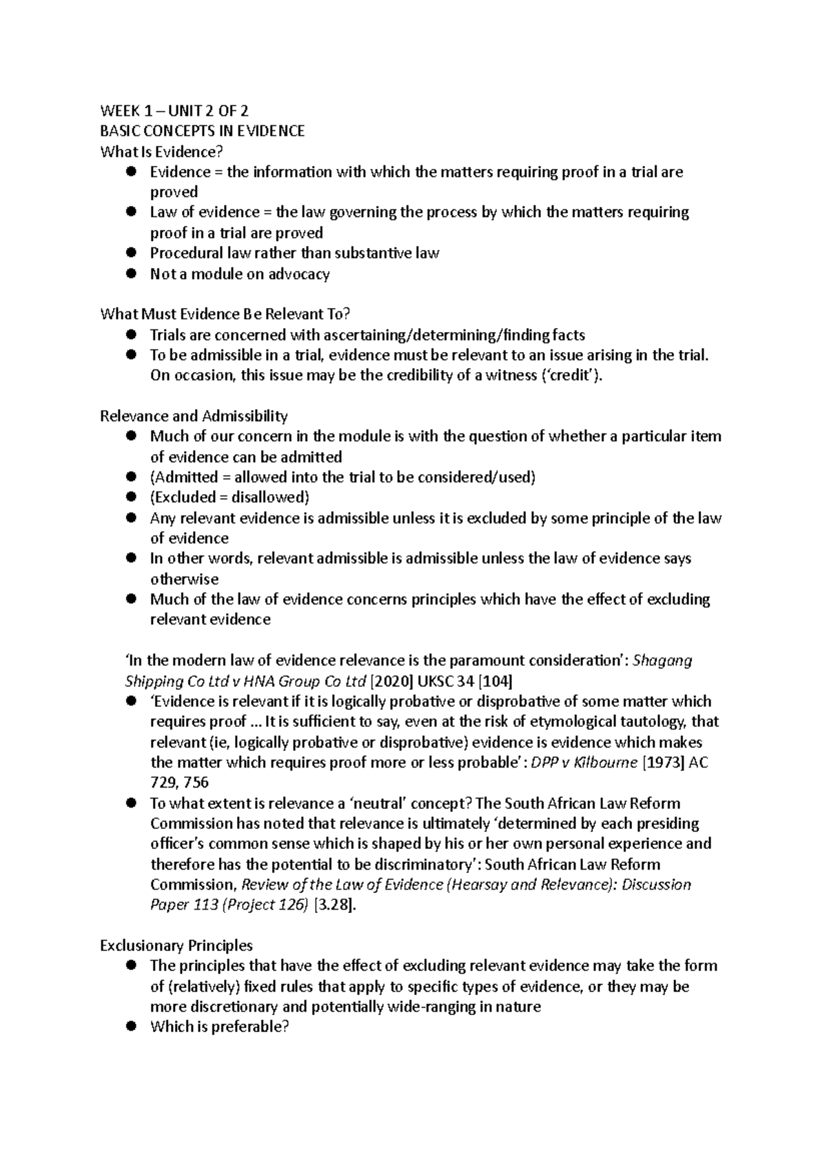 Lecture 1- Law of Evidence - WEEK 1 – UNIT 2 OF 2 BASIC CONCEPTS IN ...