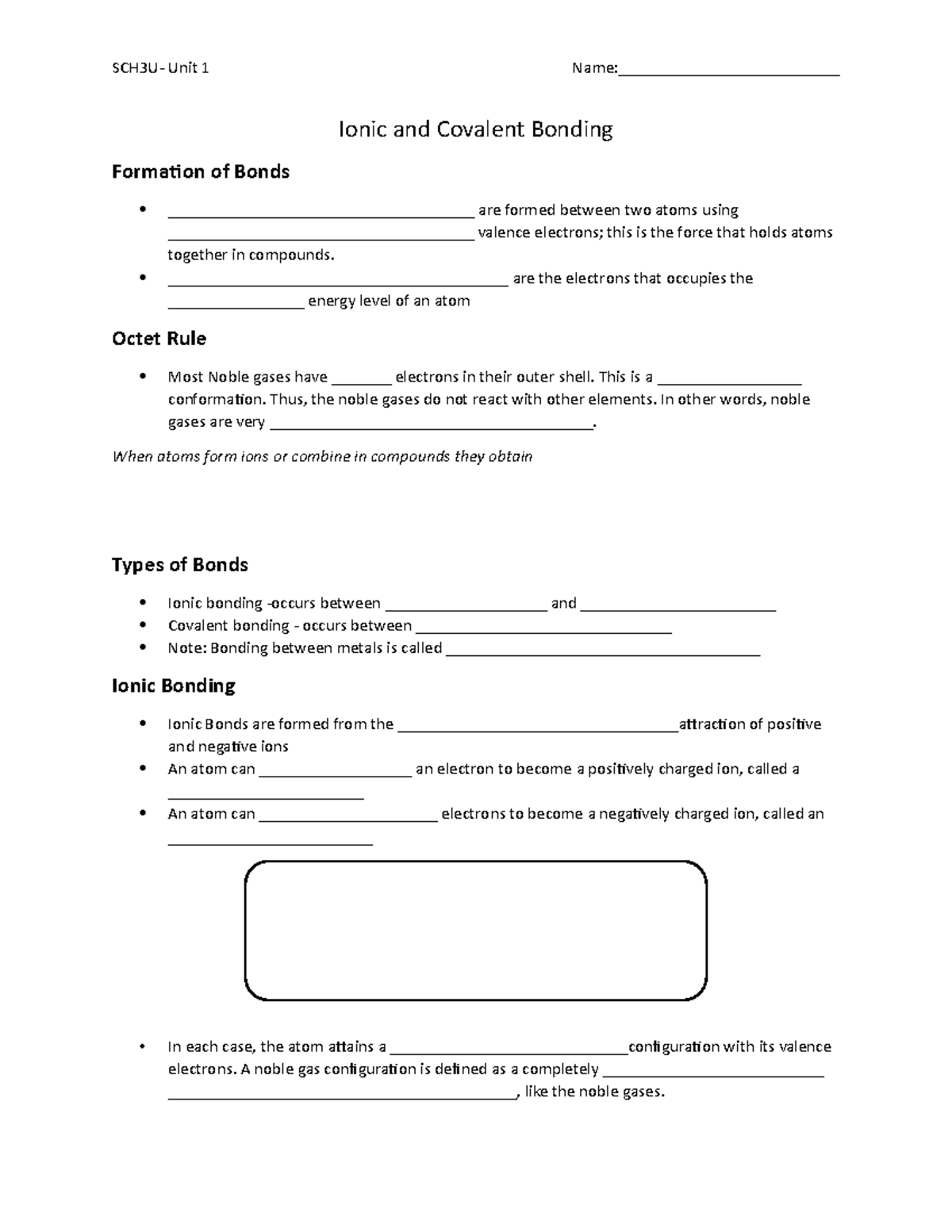 Chemistry- Unit 1 Ionic and Covalen Bonding - Ionic and Covalent ...