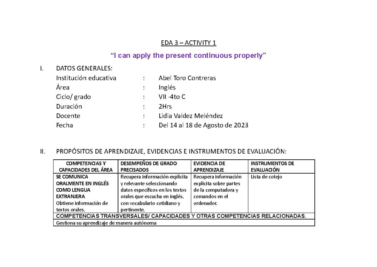 EDA 3 Actividad 2 - EDA 3 – ACTIVITY 1 “I can apply the present ...