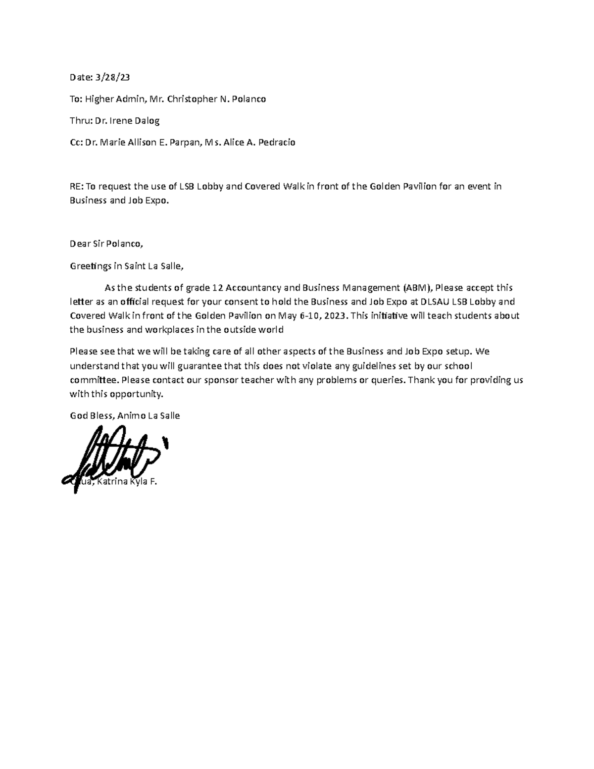 Request letter Chua,K - Date: 3/28/ To: Higher Admin, Mr. Christopher N ...