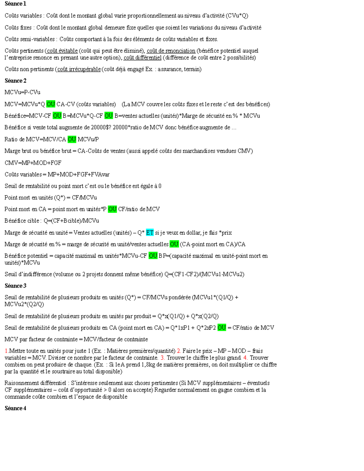 Feuille de note Intra - vyvyvy - Séance 1 Coûts variables : Coût dont ...