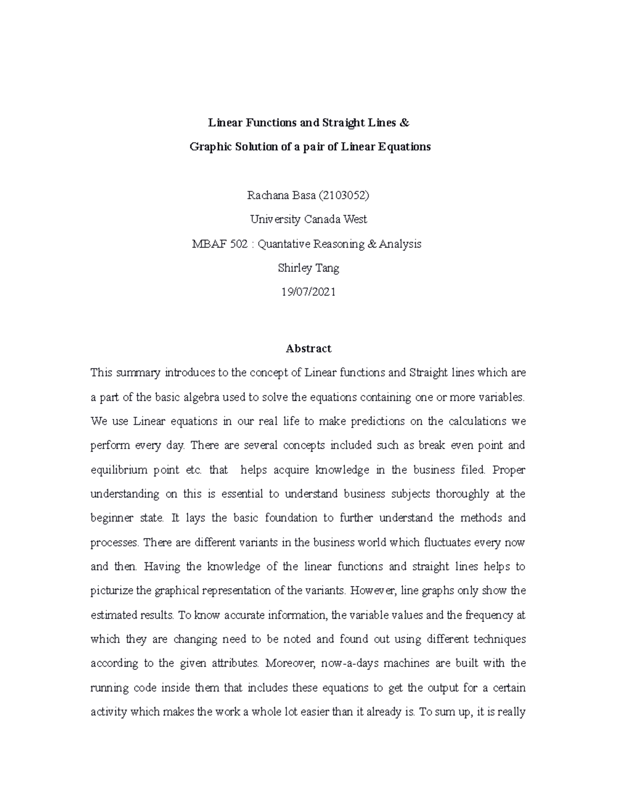 Quantative Reasoning & Analysis - Linear Functions and Straight Lines & Graphic Solution of a ...