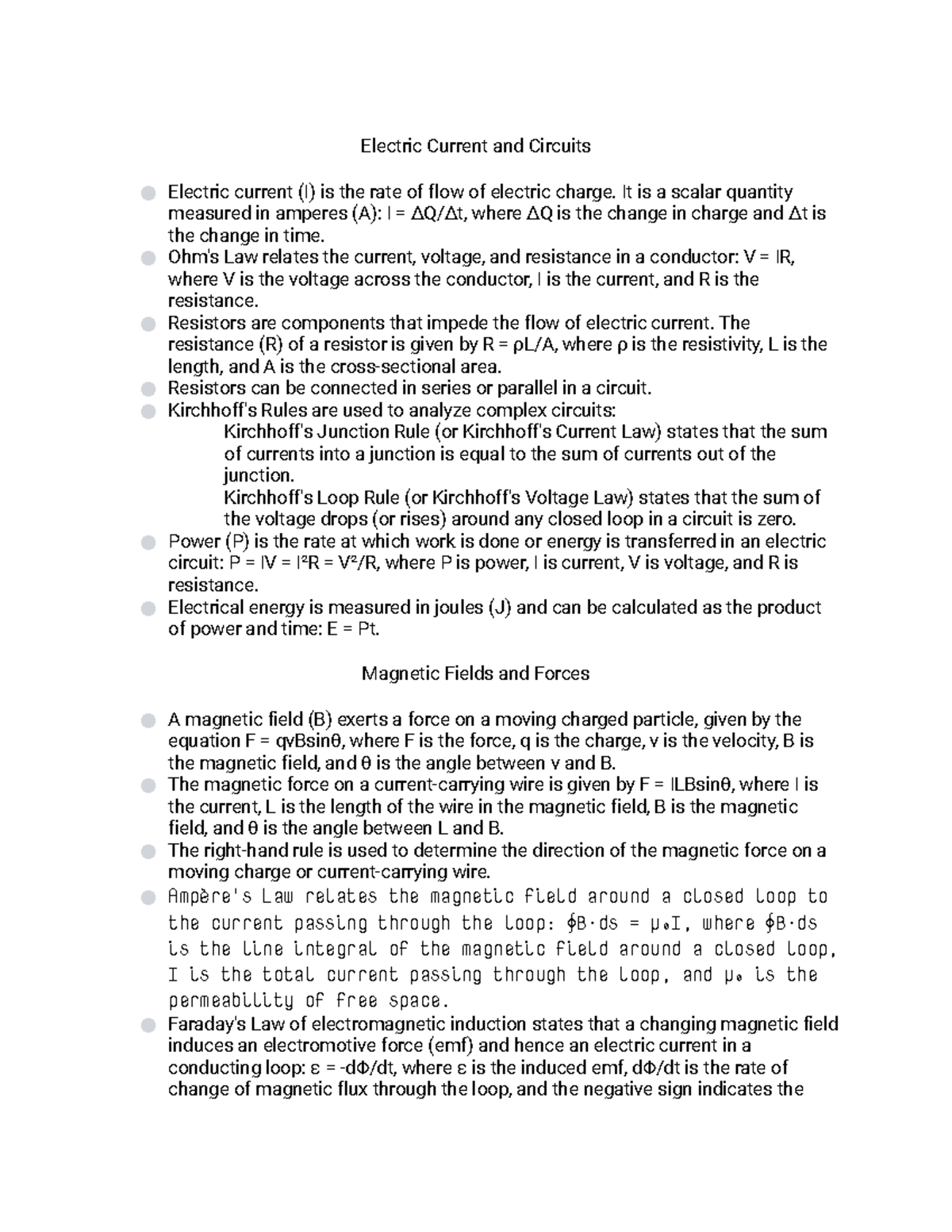 Physics C 2 - Notes - Electric Current and Circuits Electric current (I ...