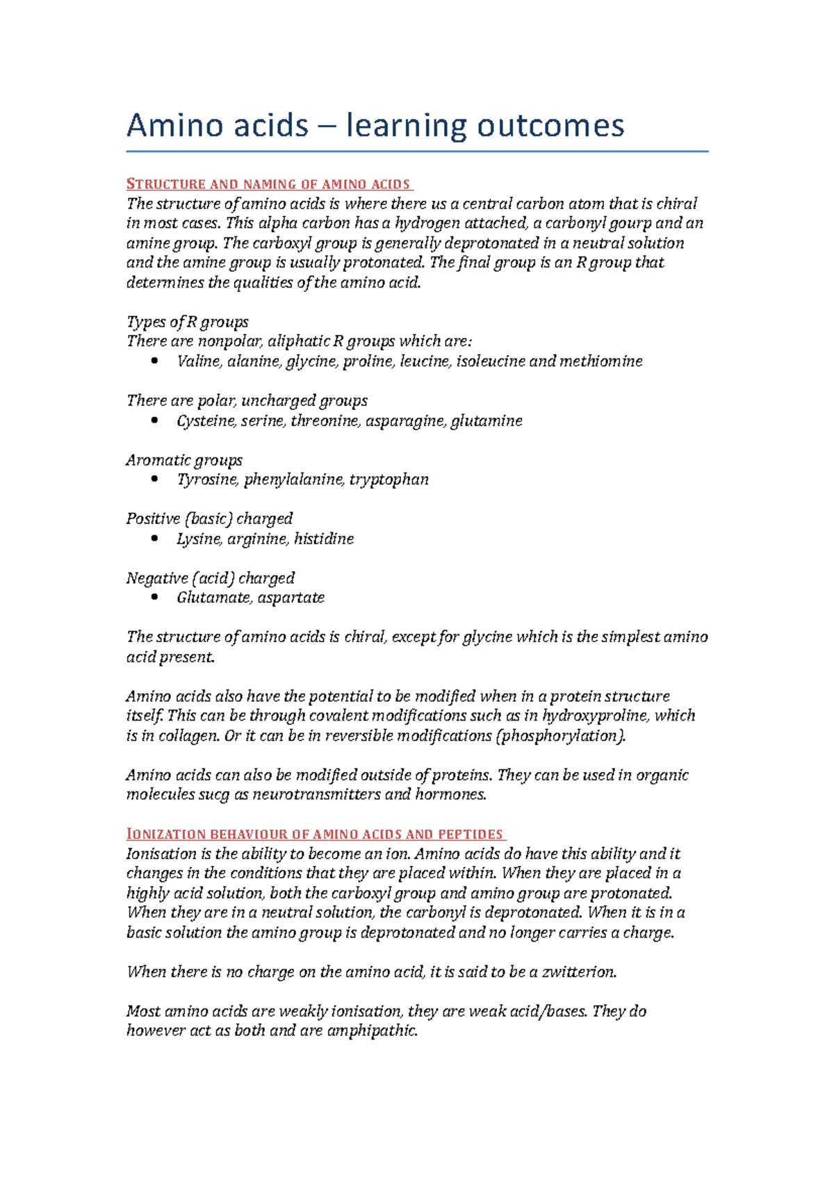 Amino acids – Learning Outcomes - Amino acids – learning outcomes ...