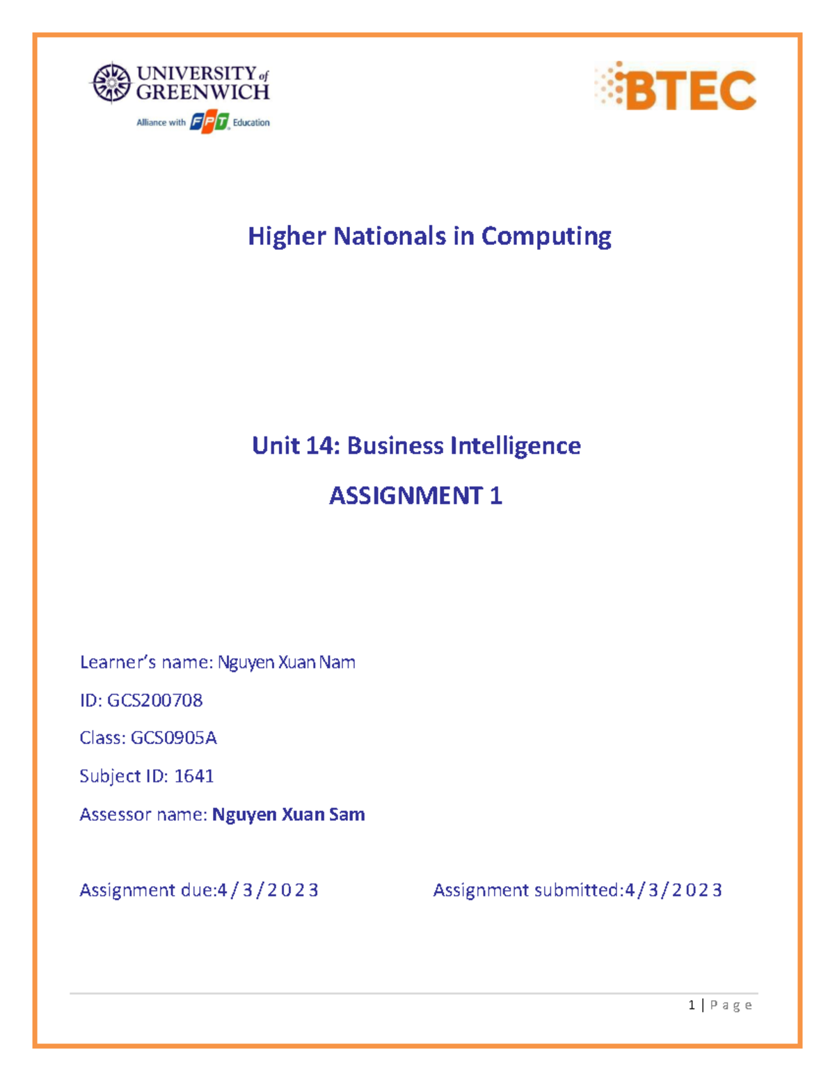 1641 gcs2007 08 Nguyen Xuan Nam assignment 1 - Higher Nationals in Computing Unit 14: Business ...