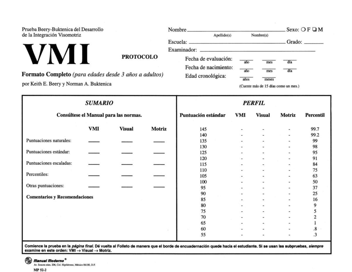 Pruebas VMI - Pautas para evaluar en infanto-juvenil - Infanto-Juvenil Diagnóstico Clínico - Studocu