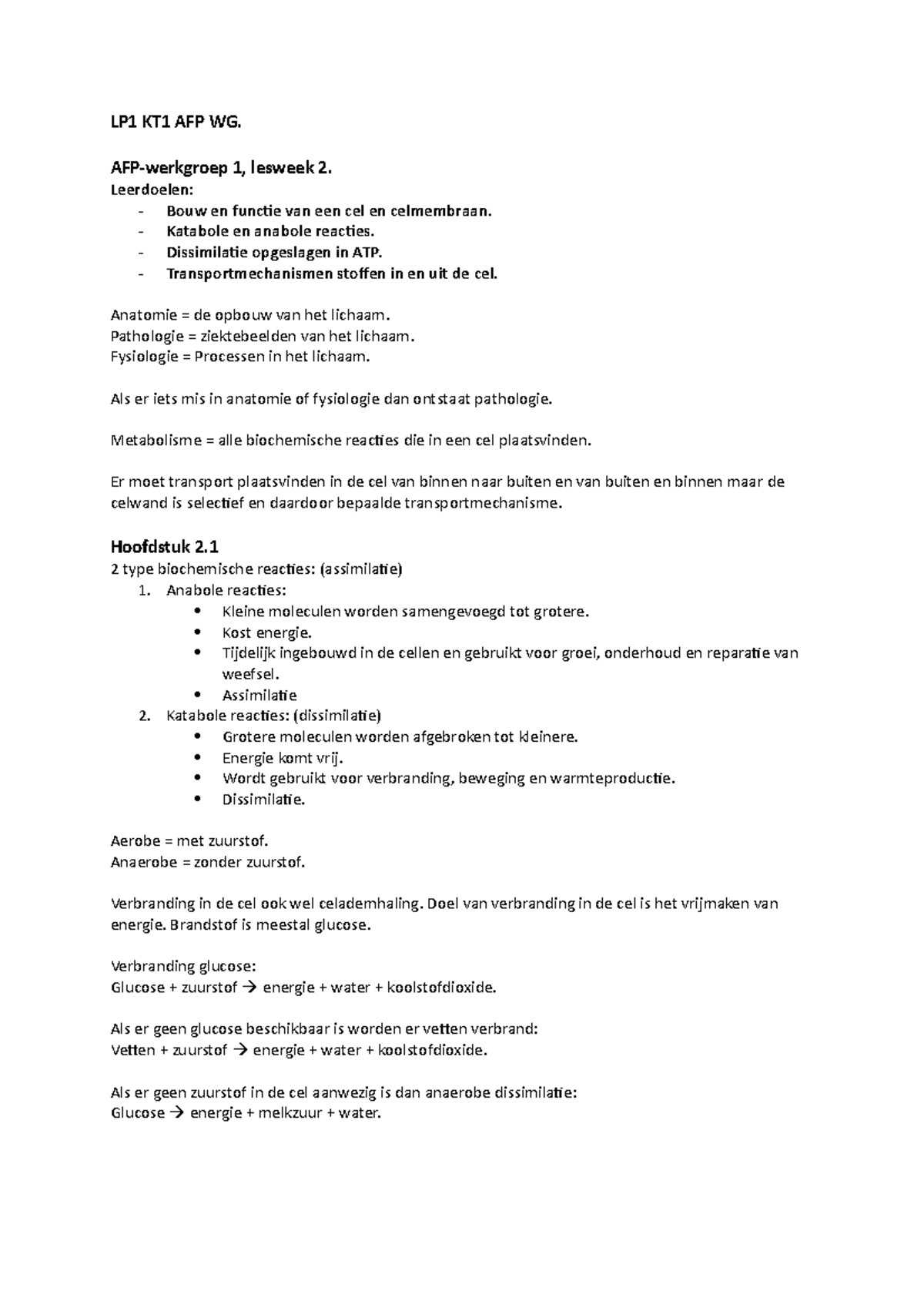 LP1 KT1 AFP WG - AFP samenvatting - LP1 KT1 AFP WG. AFP-werkgroep 1, lesweek 2. Leerdoelen ...