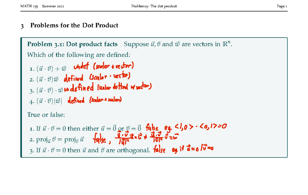 Problems 3-Dot Product - 3 Problems for the Dot Product Problem 3. 1 ...