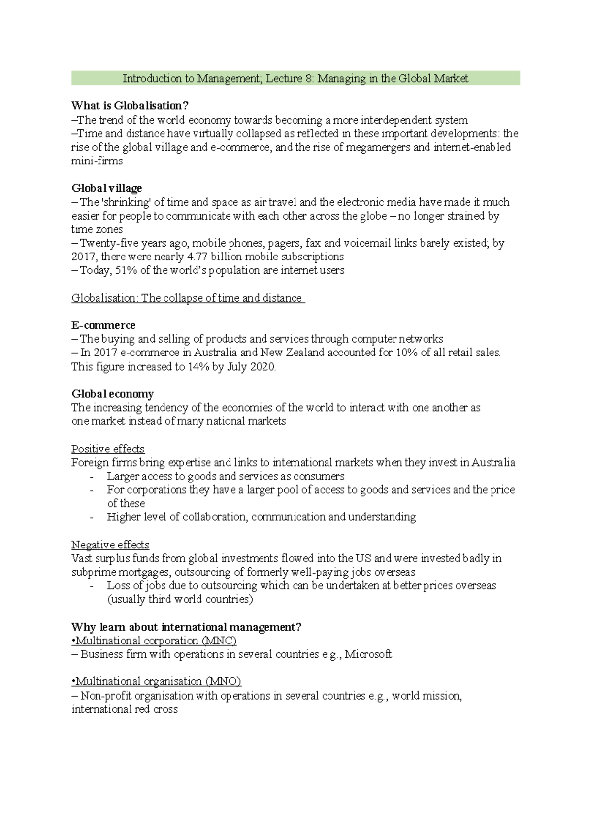 Introduction to Management; Lecture 8- Managing in the Global Market ...