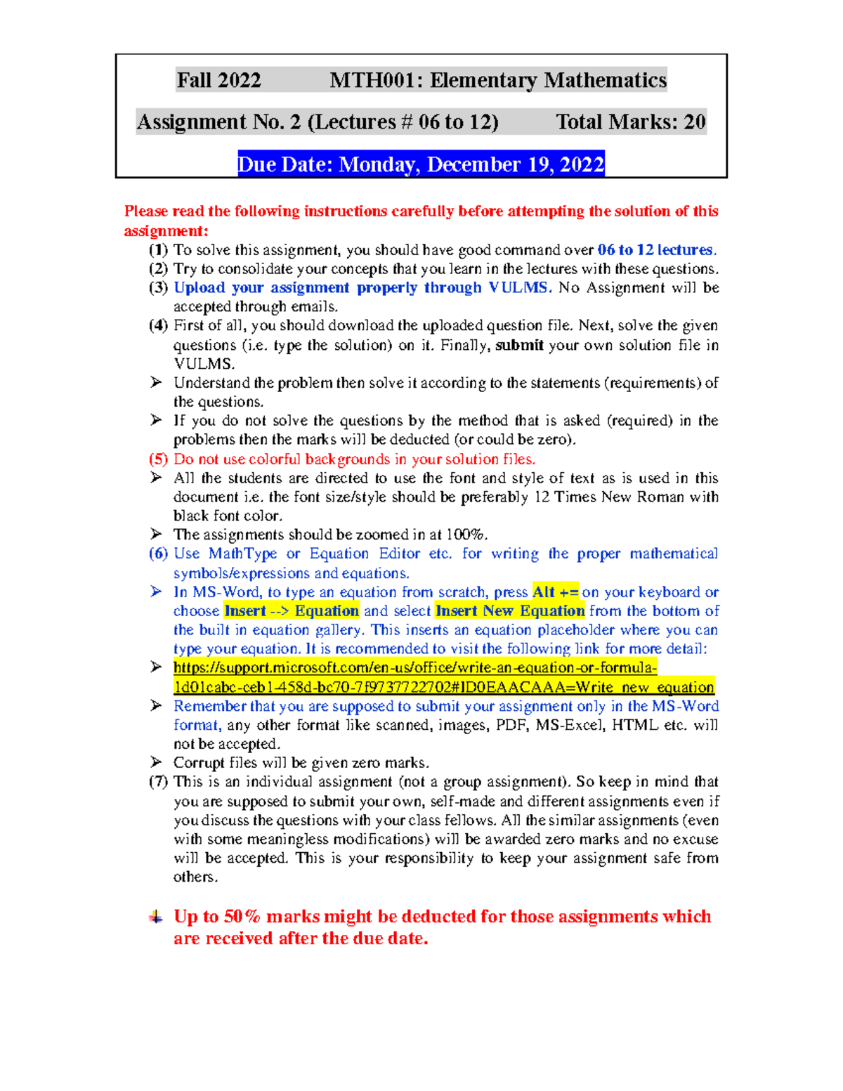 Fall 2022 MTH001 2 SOL - solution of assignment - Fall 2022 MTH001: Elementary Mathematics - Studocu