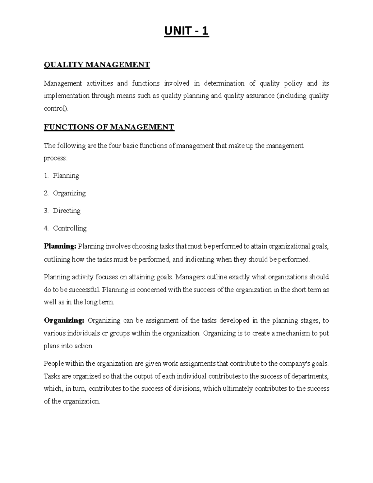TQM Unit-1 notes - UNIT - 1 QUALITY MANAGEMENT Management activities ...