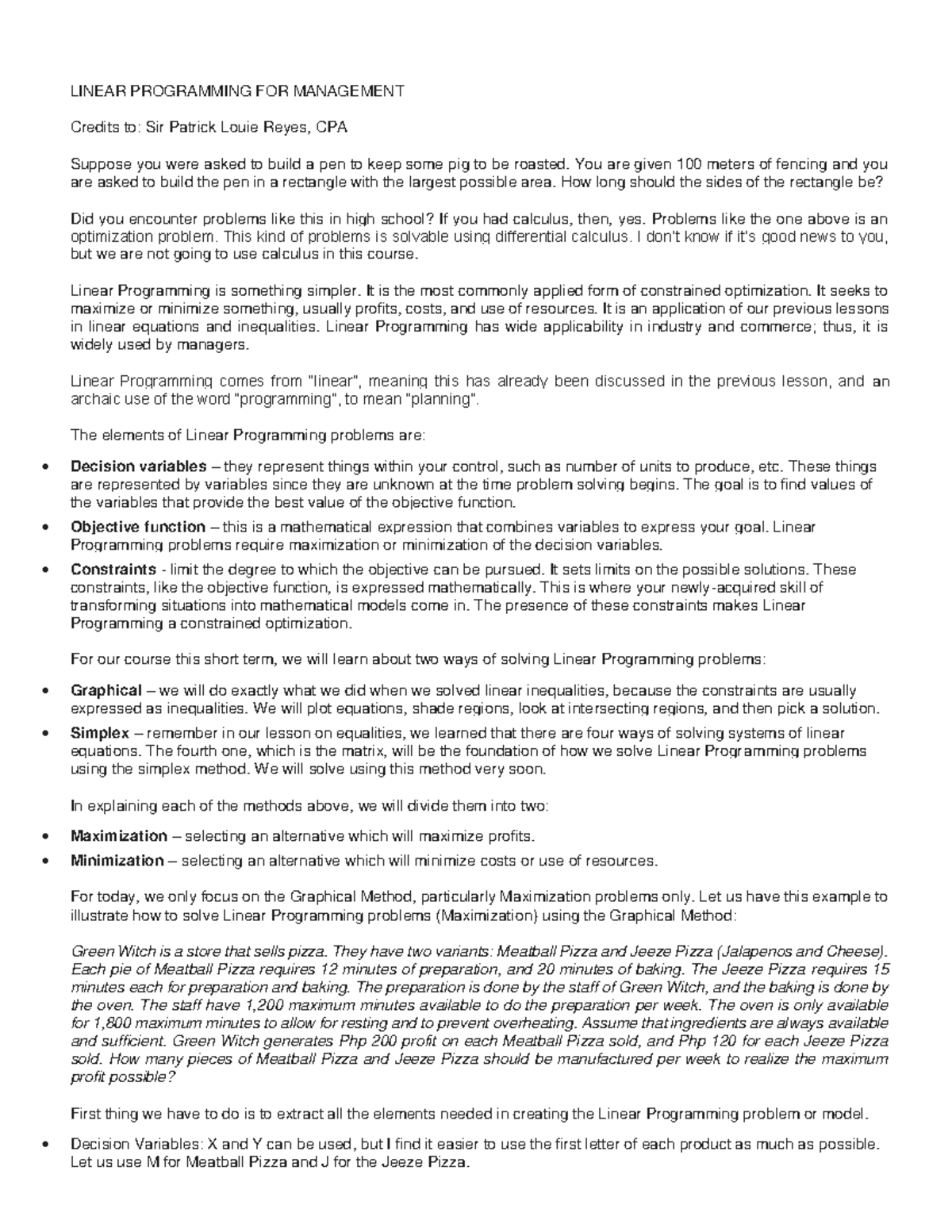 Linear Programming FOR Management - LINEAR PROGRAMMING FOR MANAGEMENT ...