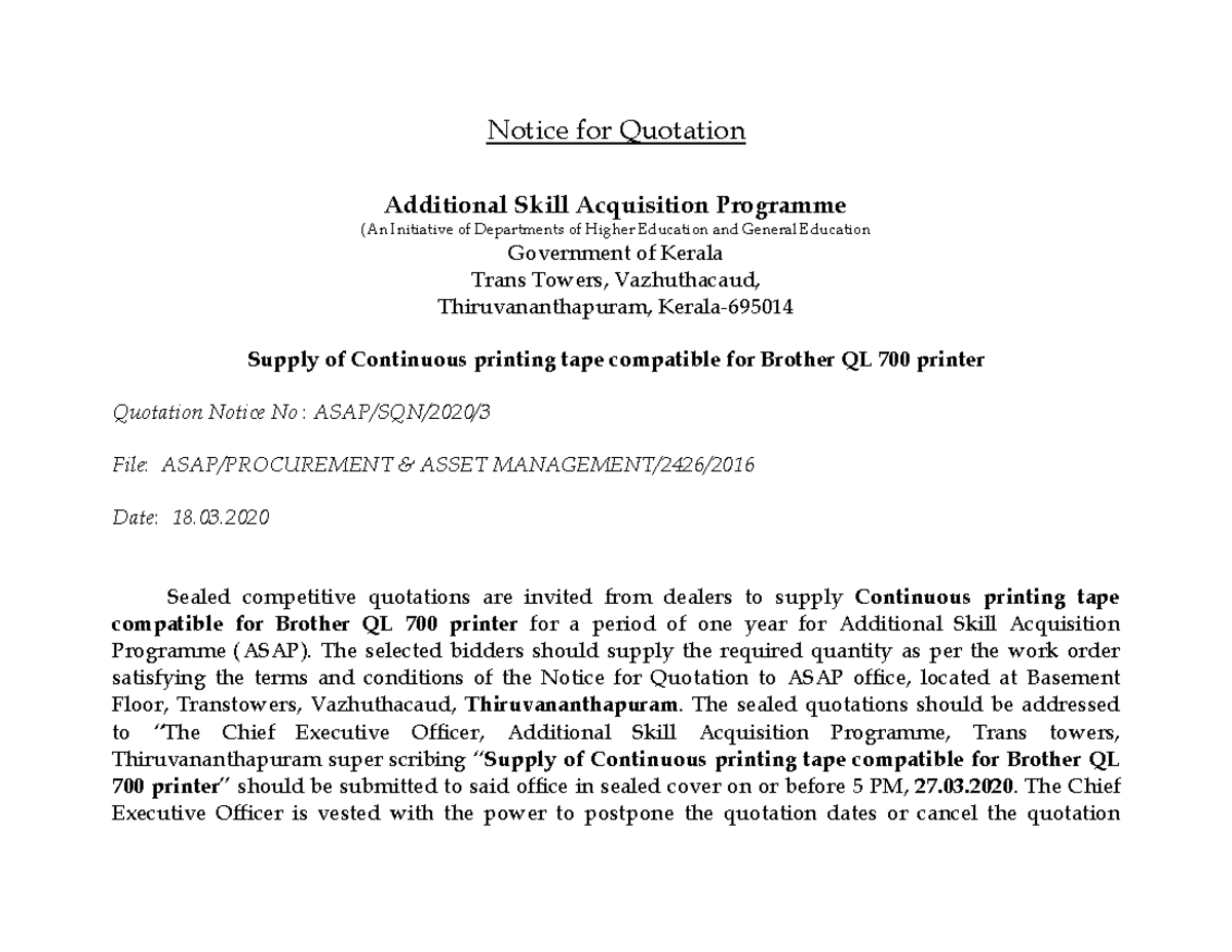 Quotation Notice Printing tape Approved - Notice for Quotation ...