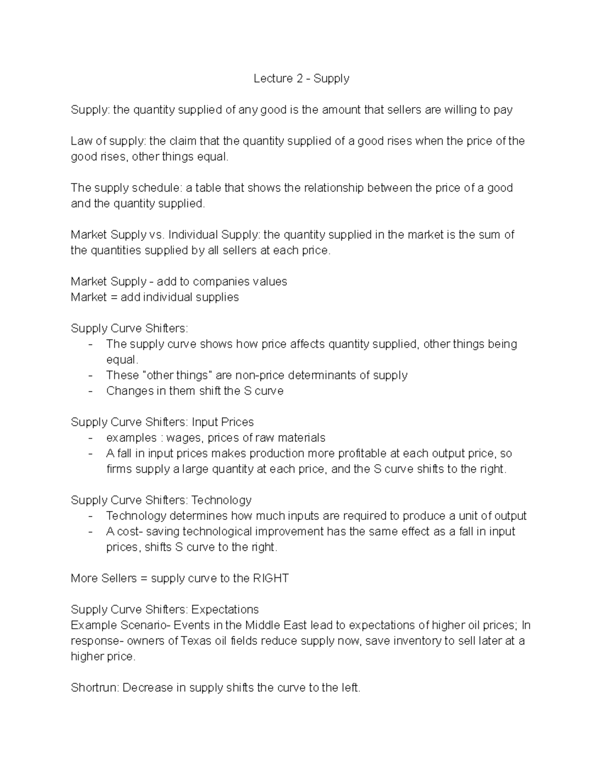 Lecture 2 - Supply - Mark Frank - Lecture 2 - Supply Supply: the ...