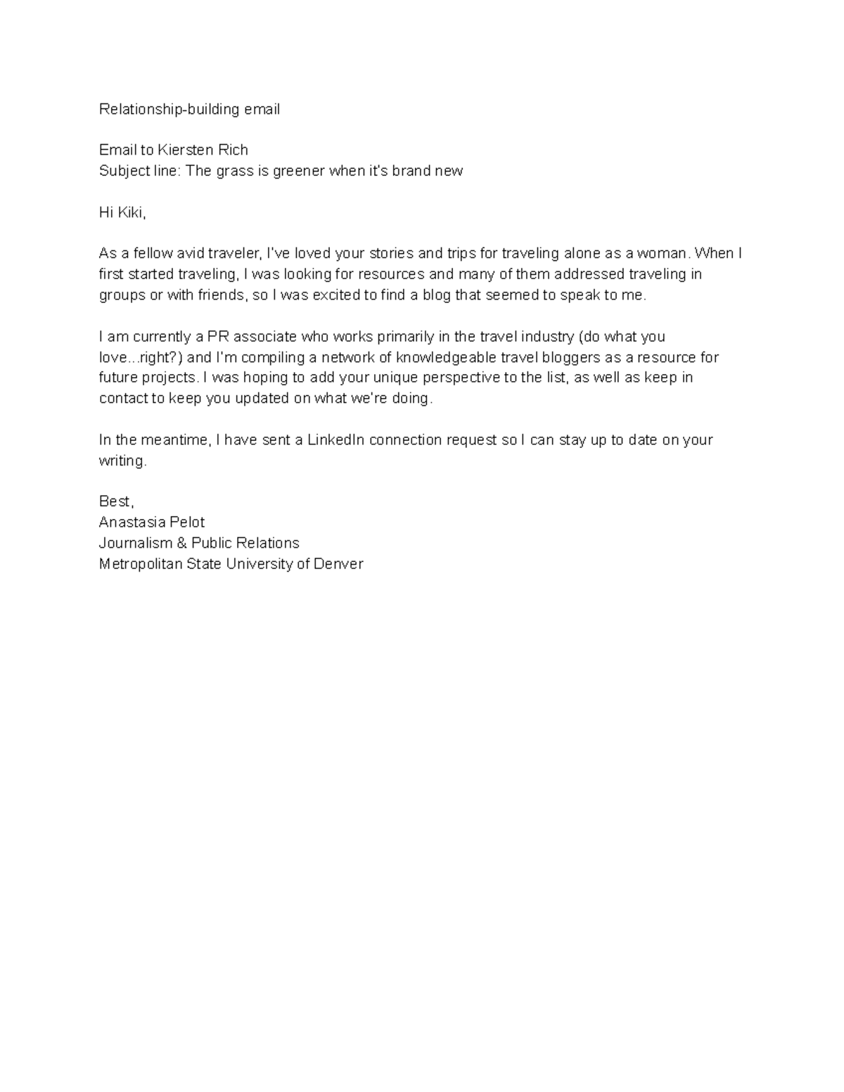 Actual Sample Relationship-Building Email - Relationship­building email ...