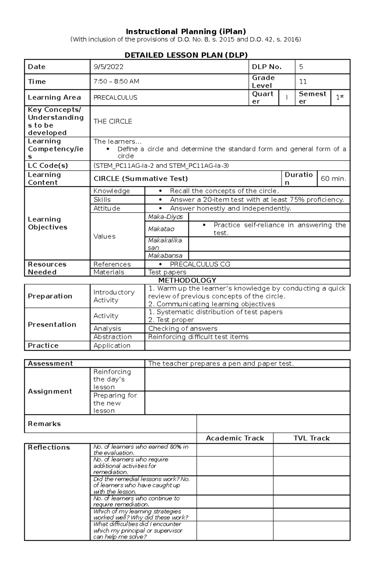 1.5- Exam - lesson plan - Instructional Planning (iPlan) (With ...