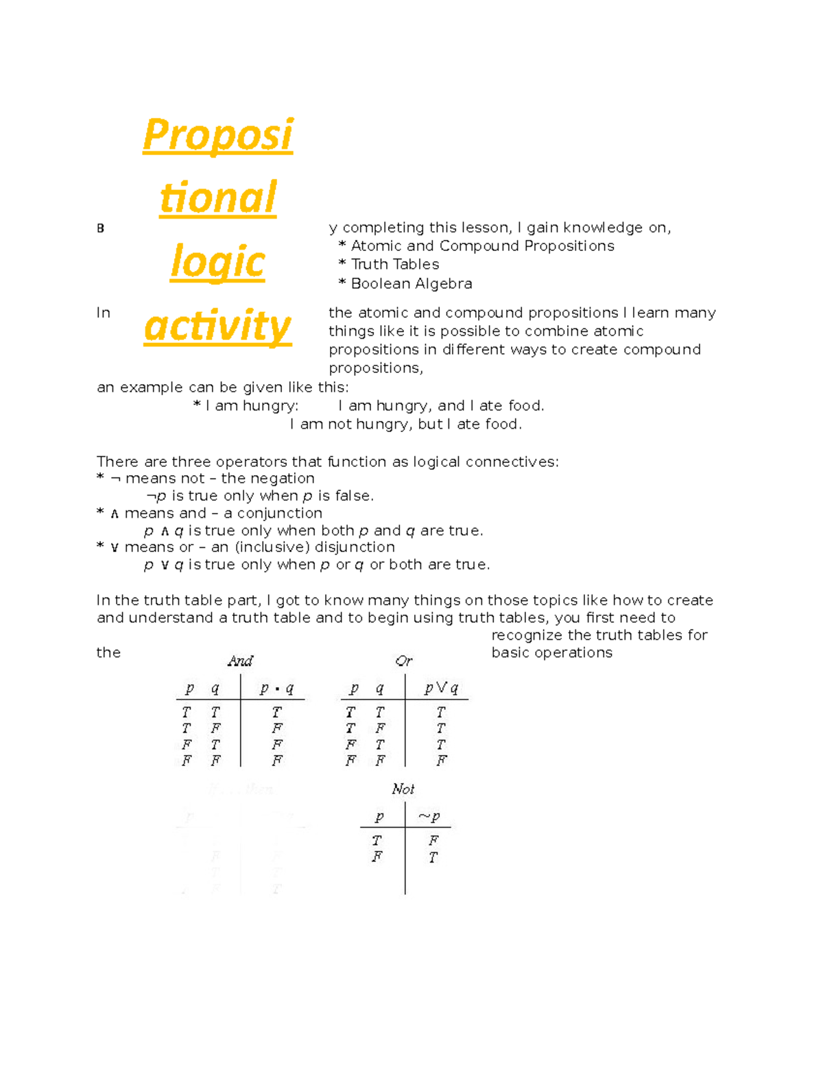 Propositional logic activity Refelective Task (BSCP CS 52 098) - B y completing this lesson, I ...