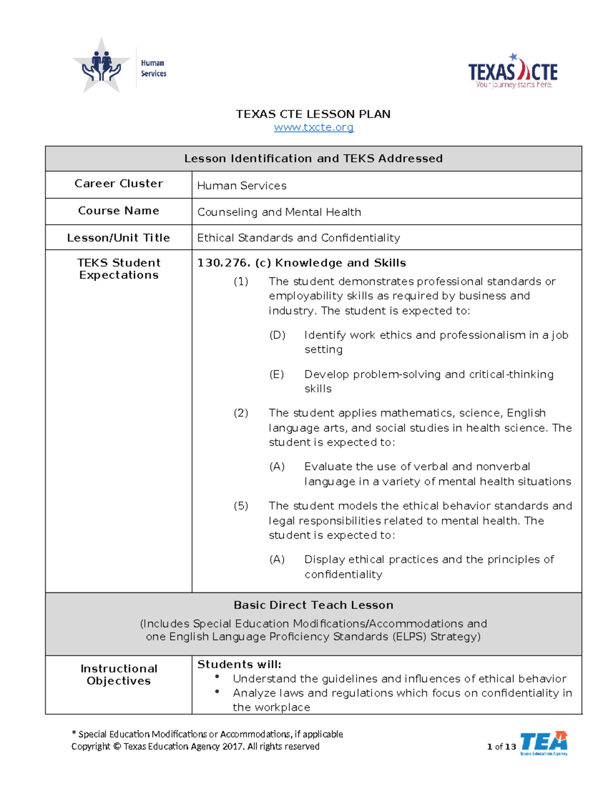 Lesson Plan - Ethical Standards and Confidentiality 0 - TEXAS CTE ...