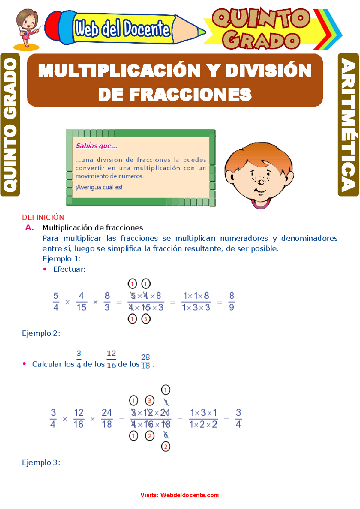 Multiplicación y División de Fracciones para Quinto Grado de Primaria ...