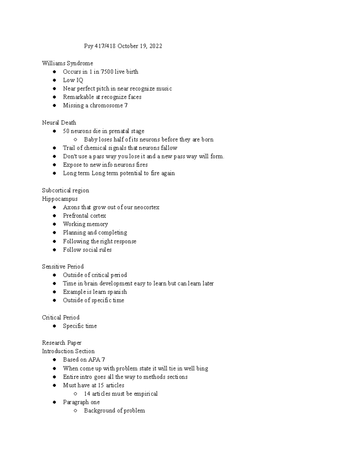 Psy 417 418 October 19, 2022 - Psy 417/418 October 19, 2022 Williams Syndrome Occurs in 1 in ...