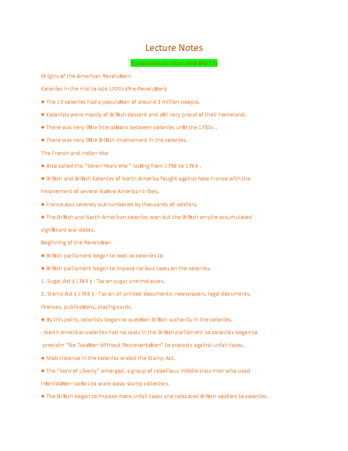 US History Notes Exam - Lecture Notes Study Notes for Exam One (Part 2 ...