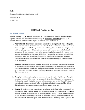 D082 task 2 - wgu d082 - D082 Task 2 A. Personal Values Respect is a top core value of mine and ...
