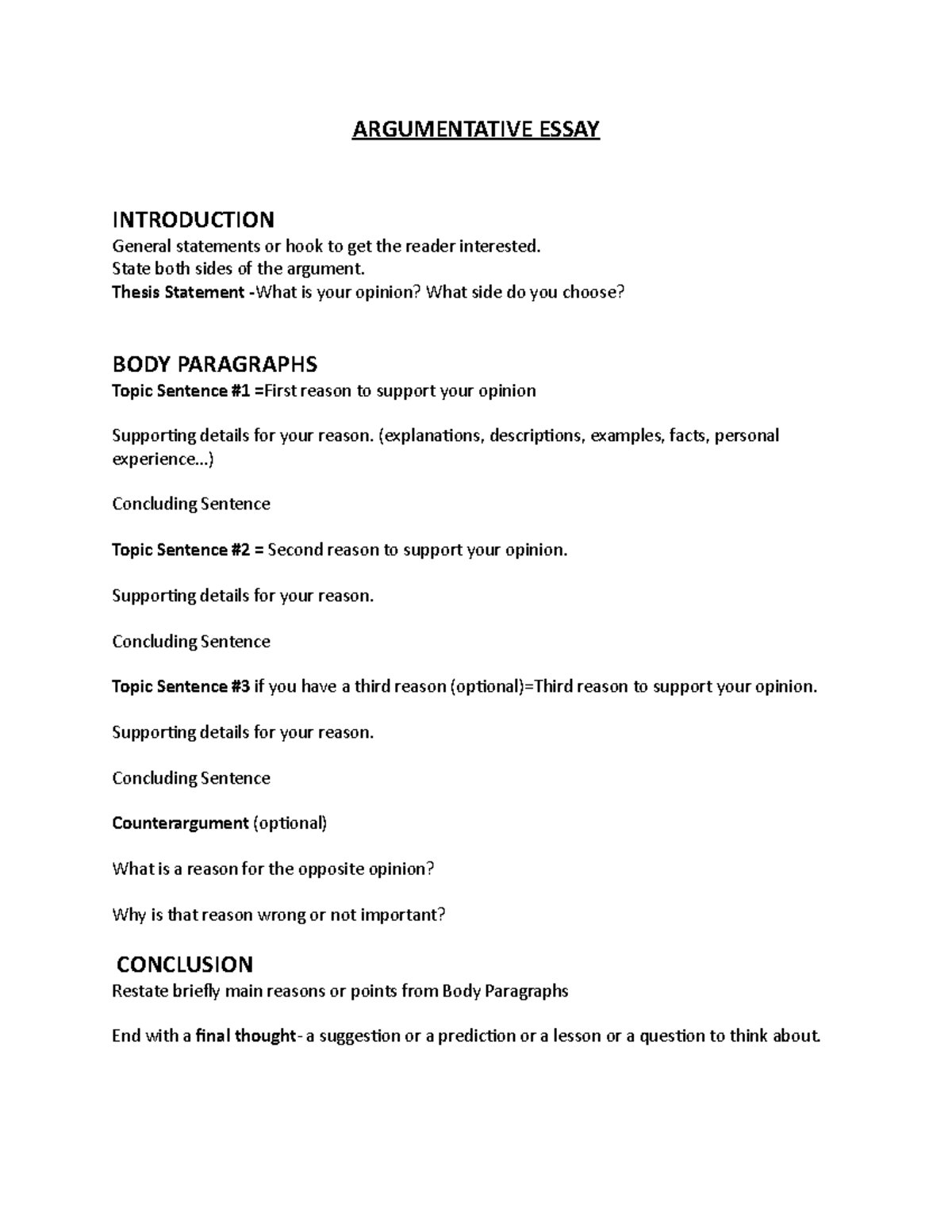 Argumentative Essay format - ARGUMENTATIVE ESSAY INTRODUCTION General ...